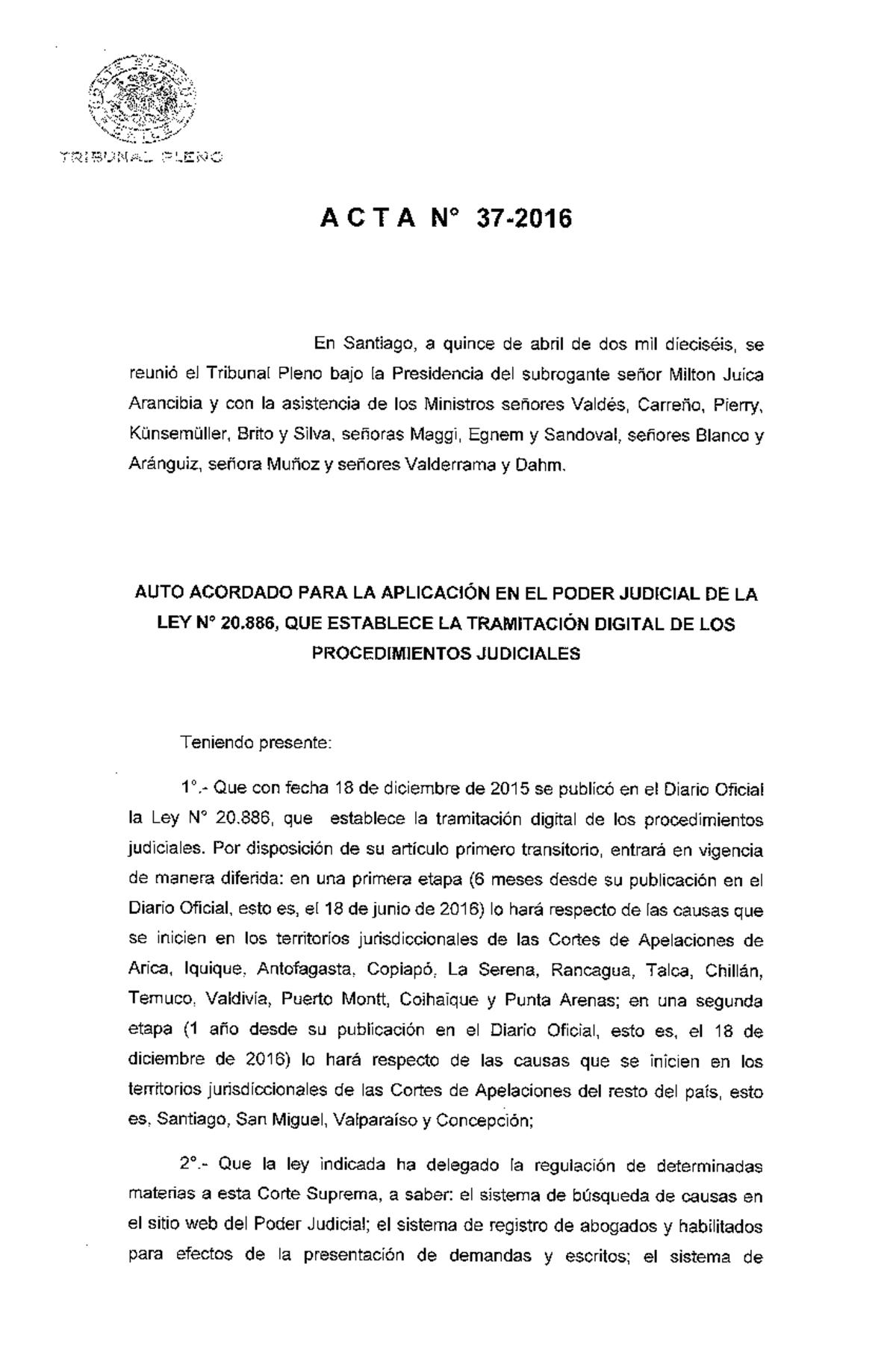 ACTA 37-2016 autoacordado tramitacion electronica - Derecho Procesal ...