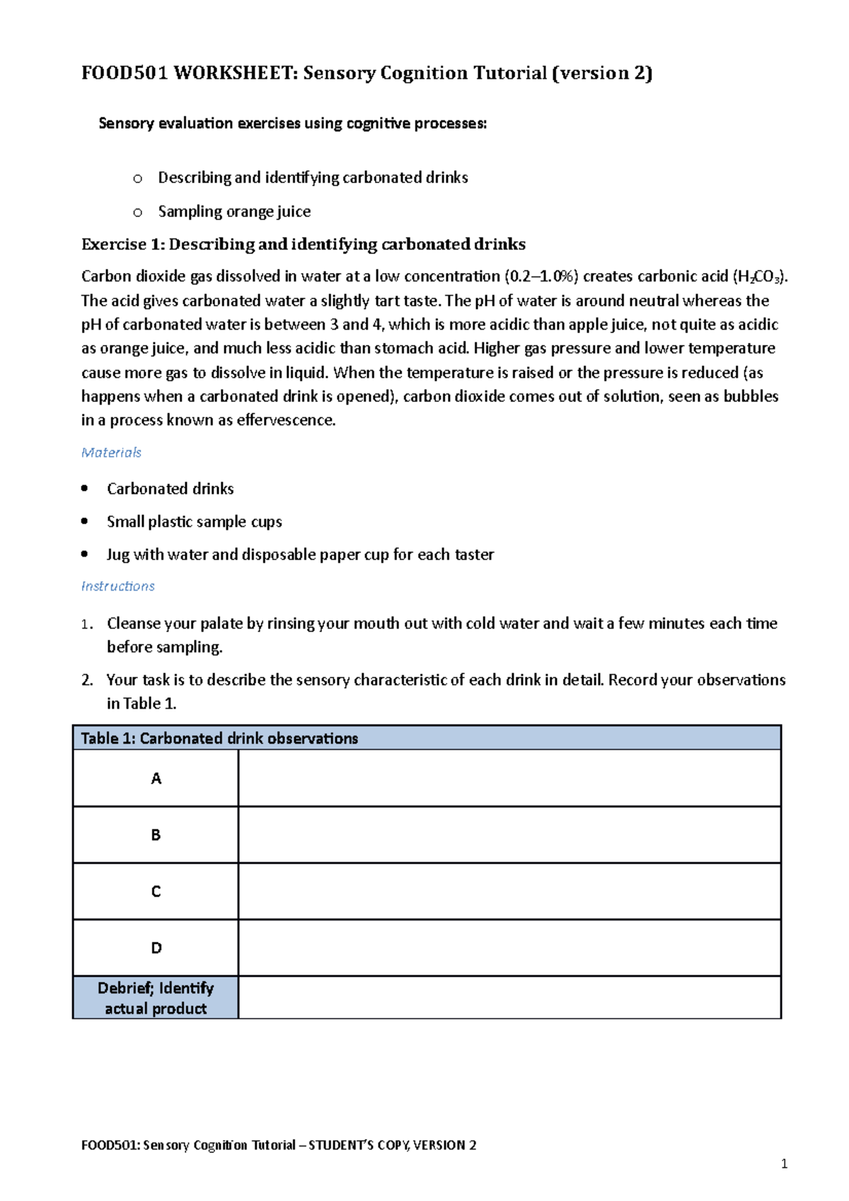 FOOD501 Sensory Cognition Tutorial Worksheet Student'S COPY V2 ...