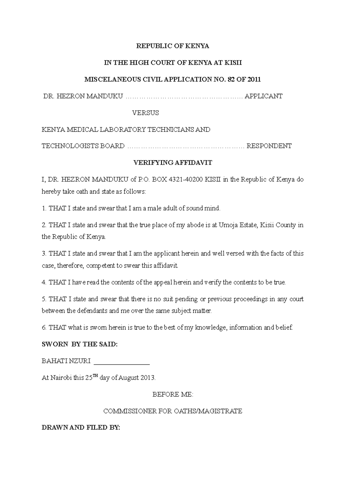 Verifying Affidavit - REPUBLIC OF KENYA IN THE HIGH COURT OF KENYA AT ...