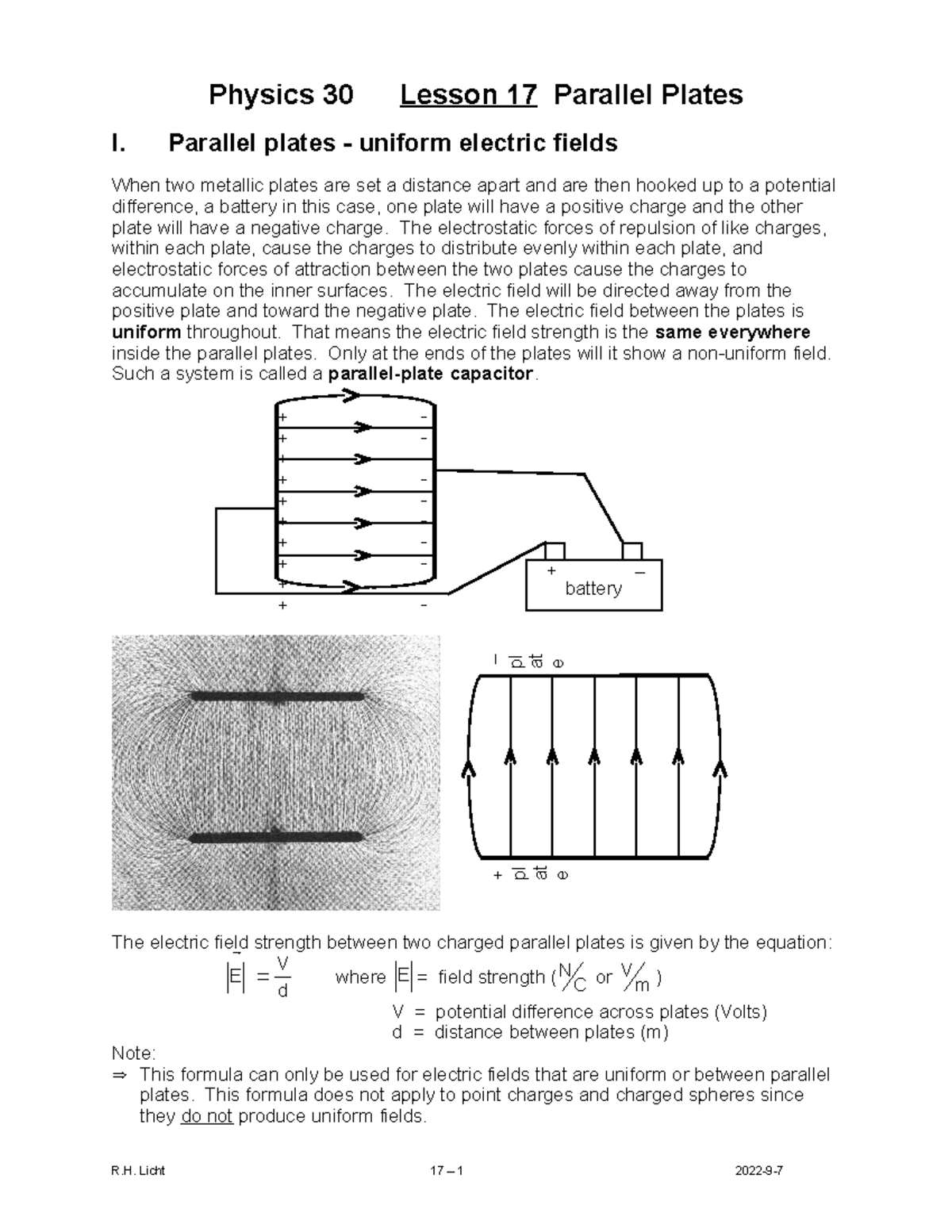 L17Parallel Plates - Physics 30 Lesson 17 Parallel Plates I. Parallel ...