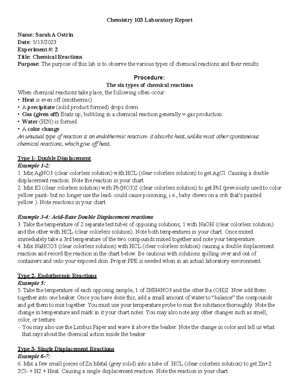 Chemistry Lab Report 2 103 - Chemistry 103 Laboratory Report Name ...