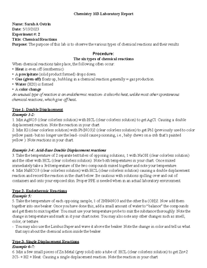 Chemistry Lab Report 3 103 - Chemistry 103 Laboratory Report Name ...