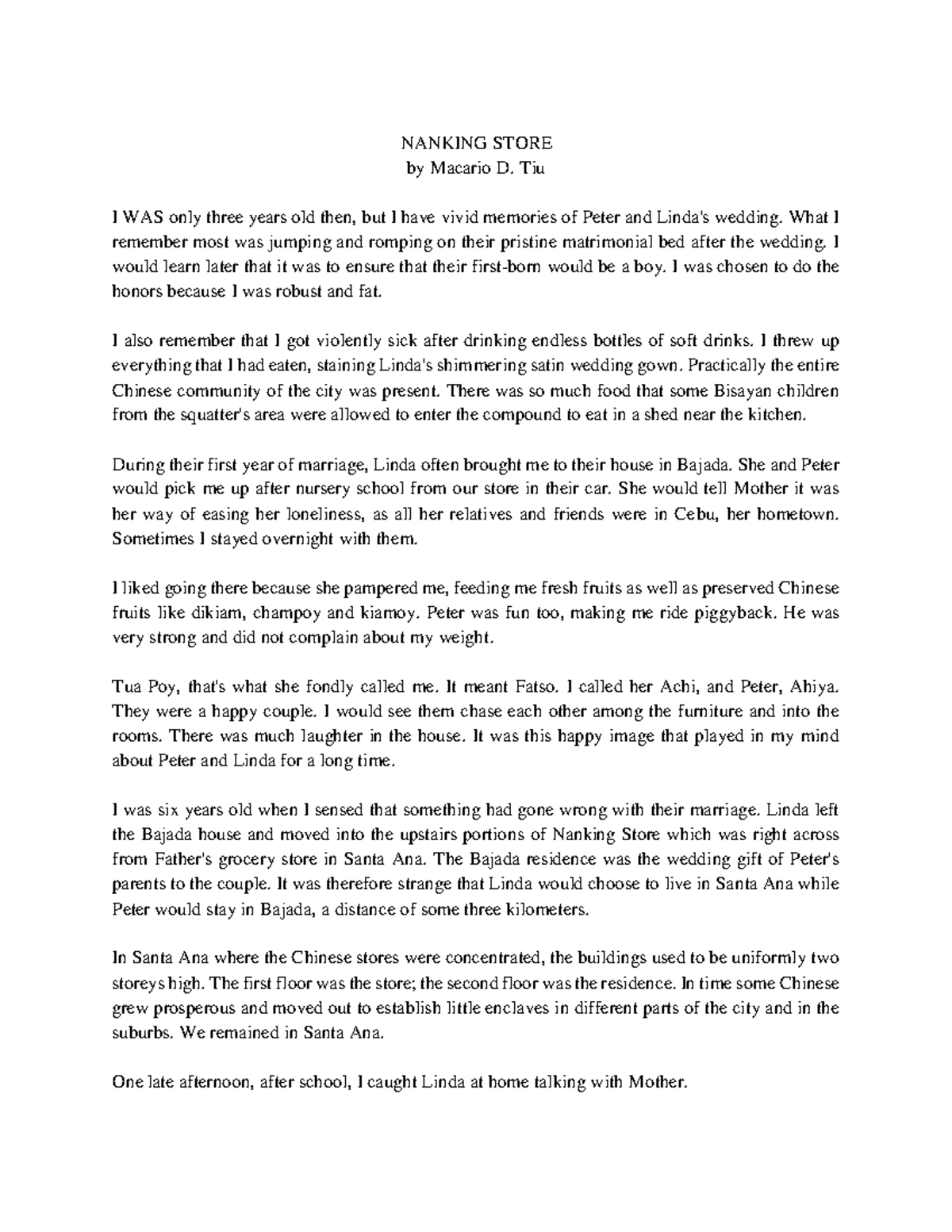 Nanking Store Lesson 2A - NANKING STORE by Macario D. Tiu I WAS only ...