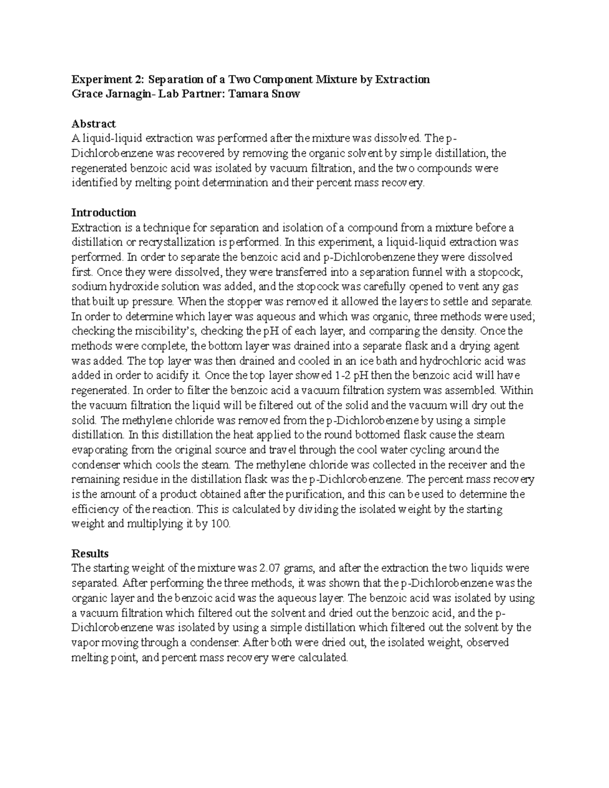 Lab 2 report - I received an A in this course. - Experiment 2: Separation of a Two Component ...