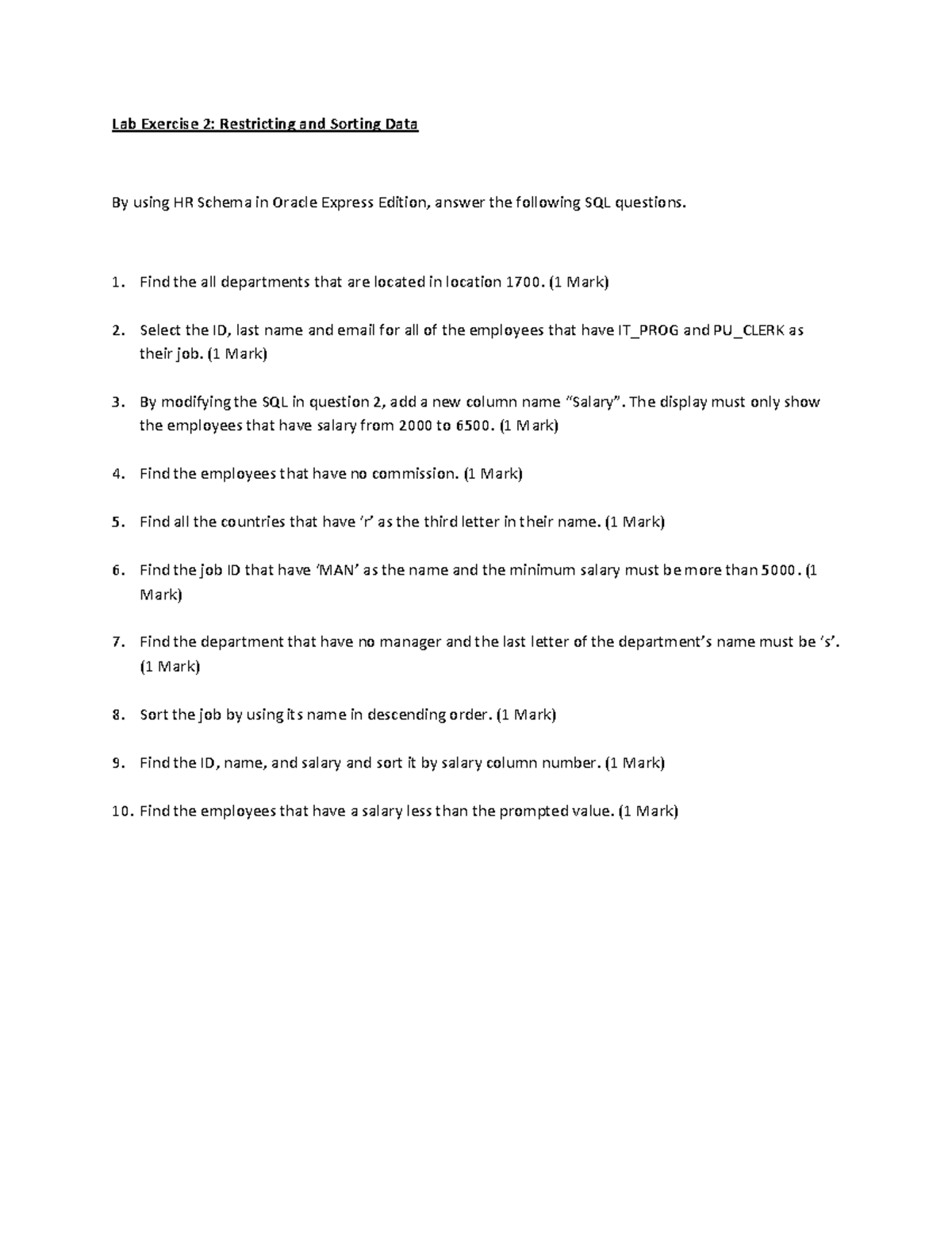 Lab Exercise 2 Set 3 Lab Exercise 2 Restricting And Sorting Data By Using Hr Schema In Oracle 