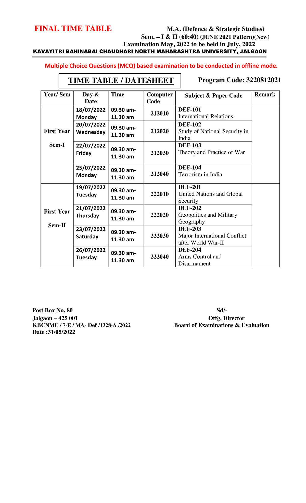 Final Time Table MA All Subject New Sem-I II Exam July 2022 - FINAL ...
