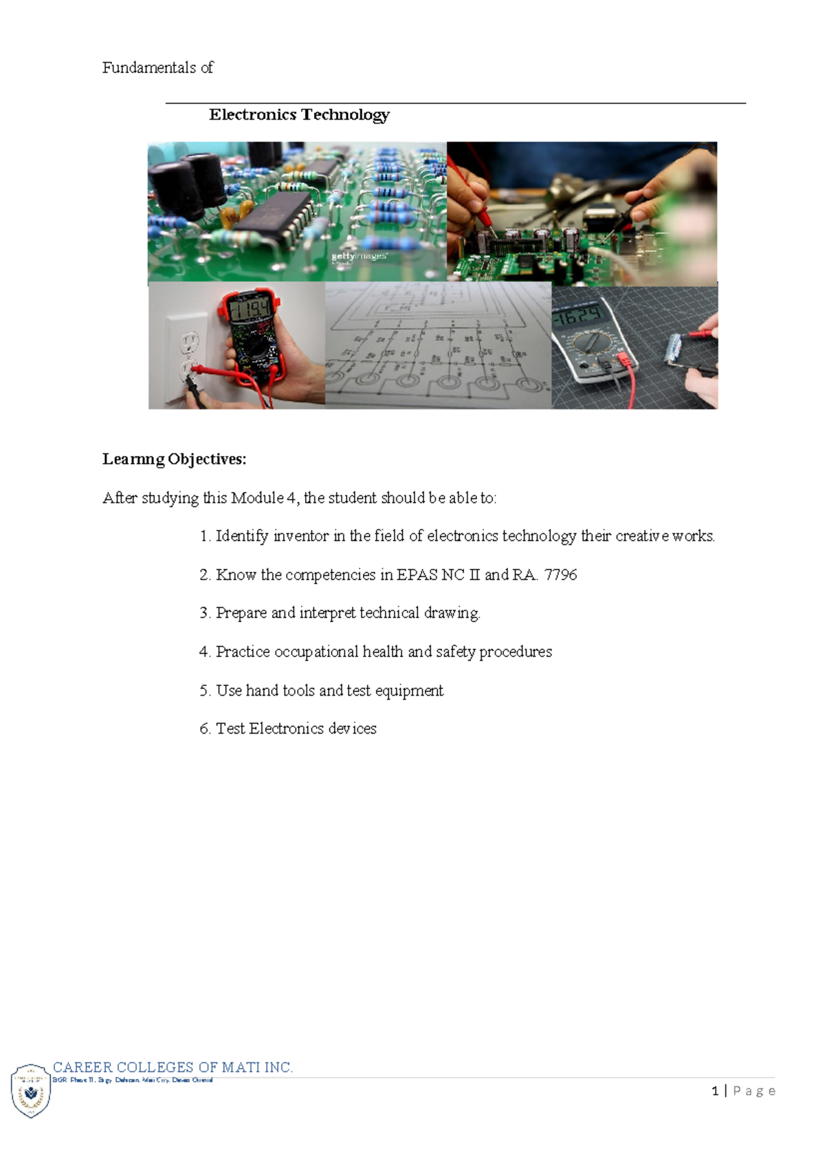 intro-to-industrial-arts-i - Fundamentals of Electronics Technology Learnng Objectives: After ...