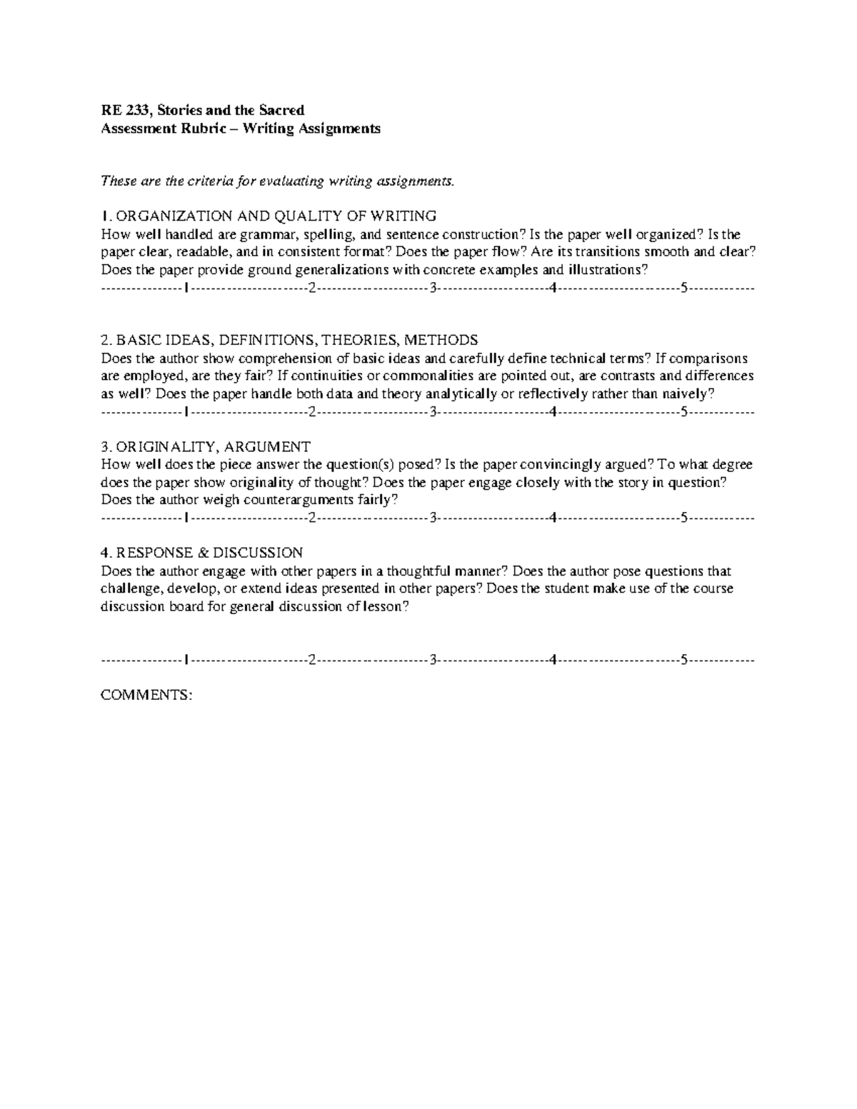 RE 233 Assessment Rubric - RE 233, Stories and the Sacred Assessment ...