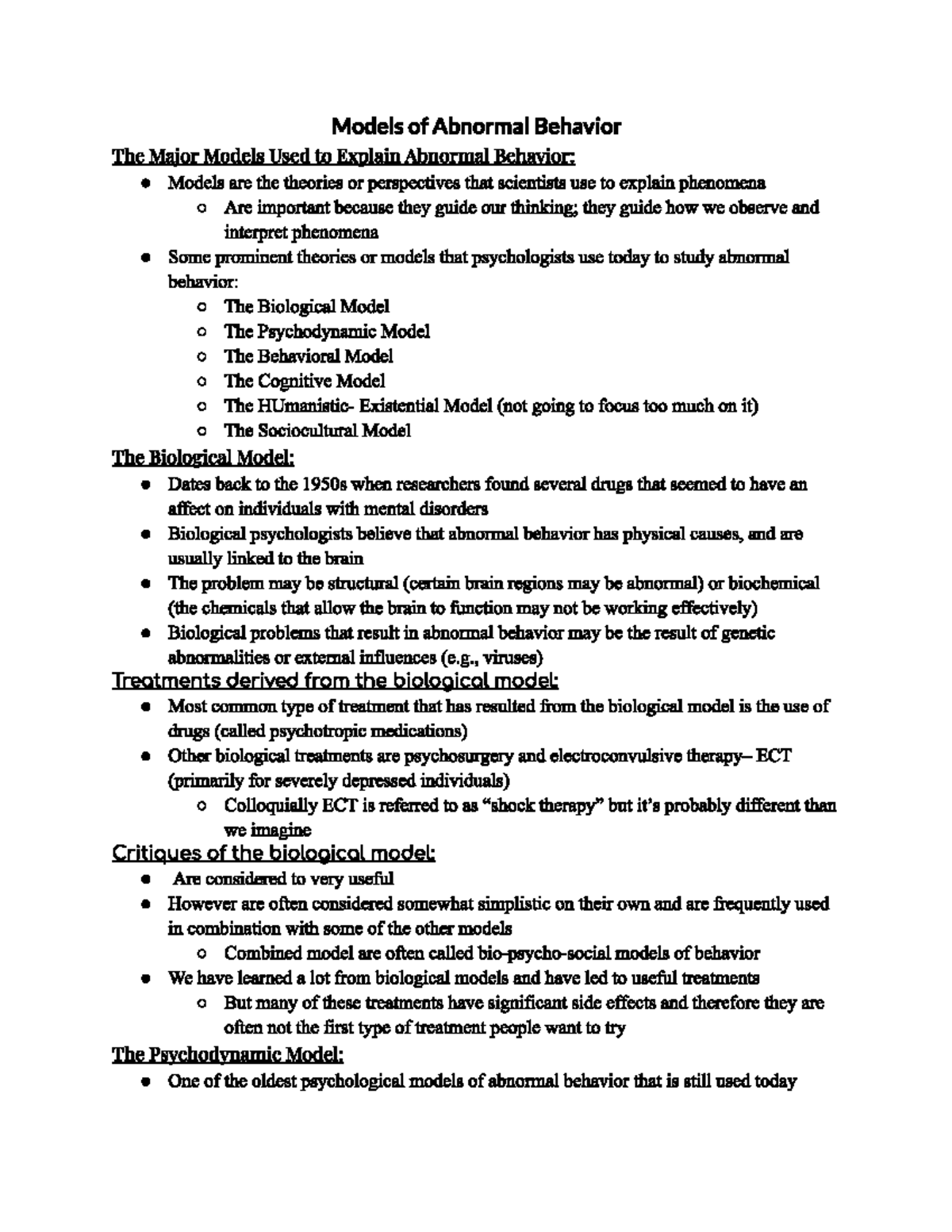 Models of Abnormal Behavior - PSYC4313 - Studocu