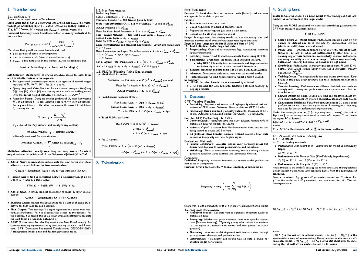 Cheat Sheet FFM - 1. Transformers 1. architecture Given x as an input token in Transformer Input ...