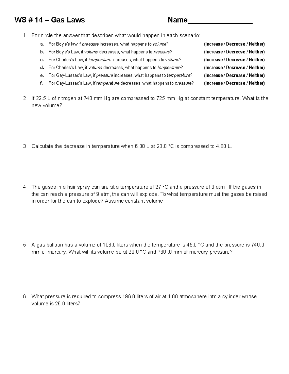 WS 14 Gas - ws 14 gas - WS # 14 – Gas Laws Name________________ For ...