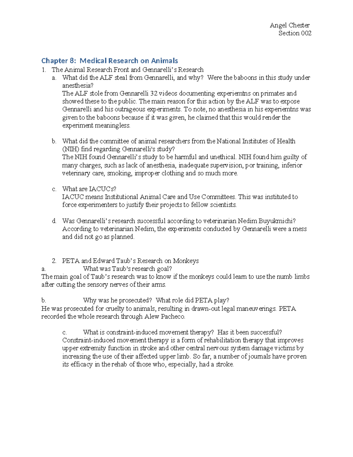 Chapter 8 - Section 002 Chapter 8: Medical Research on Animals 1. The ...