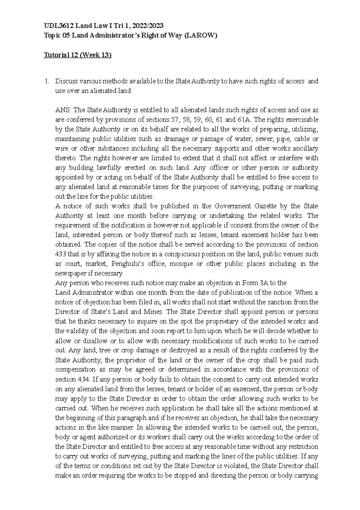 Land tutorial topic 5 - Just for reference - UDL3612 Land Law I Tri 1 ...