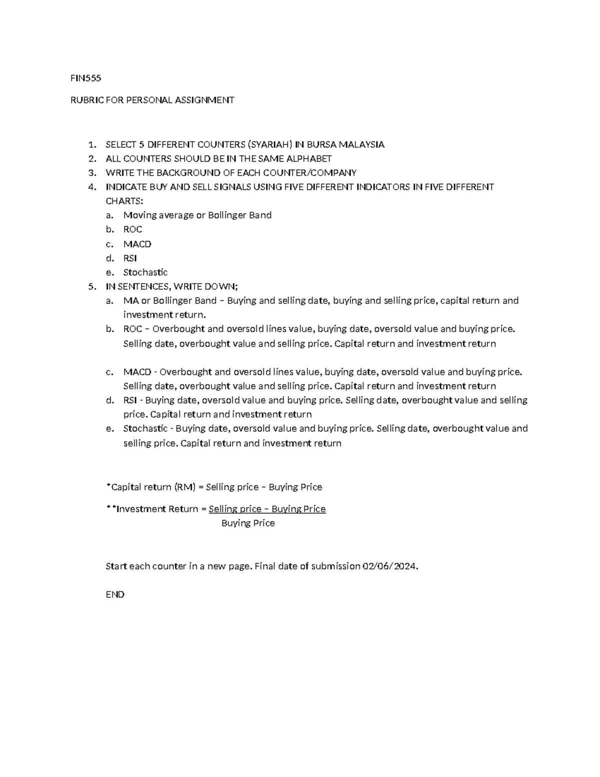 Rubric FOR Personal Assignment - FIN RUBRIC FOR PERSONAL ASSIGNMENT 1. SELECT 5 DIFFERENT ...