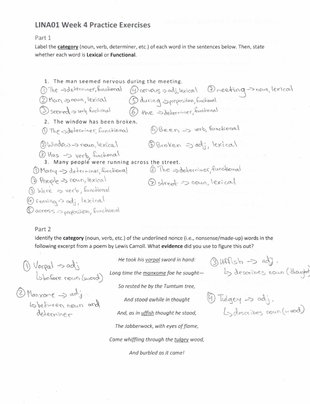 Week4 Exercise - xyz - LINA01 Week 4 Practice Exercises Part 1 Label the category (noun, verb ...