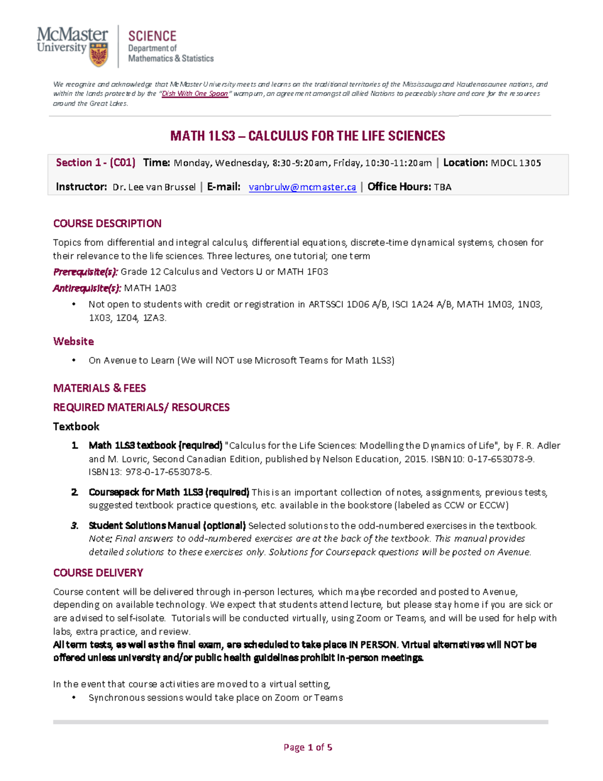 MATH 1LS3 2022 - 2023 Course Outline - We recognize and acknowledge that McMaster University ...