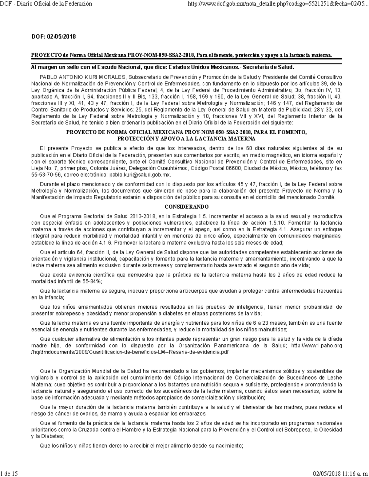 PROY NOM 050 SSA2 2018 - Norma - DOF: 02/05/ PROYECTO de Norma Oficial ...