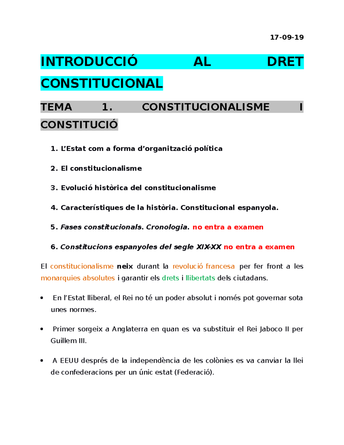 Apunts IDC - 17-09- INTRODUCCIÓ AL DRET CONSTITUCIONAL TEMA 1. CONSTITUCIONALISME I CONSTITUCIÓ ...