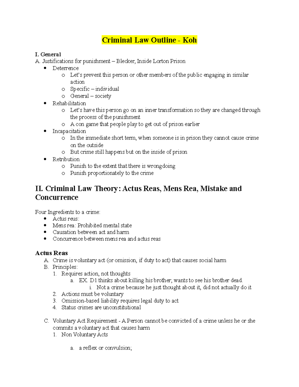 Crim Law Outline Final - Criminal Law Outline - Koh I. General A ...