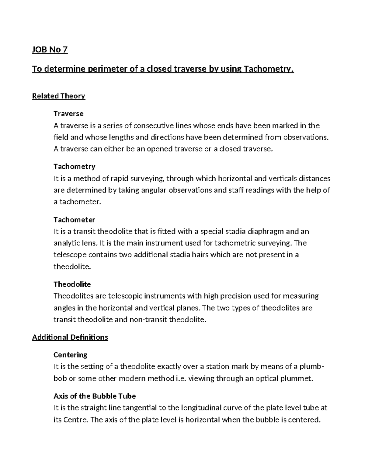 lab 7 surveying - JOB No 7 To determine perimeter of a closed traverse ...