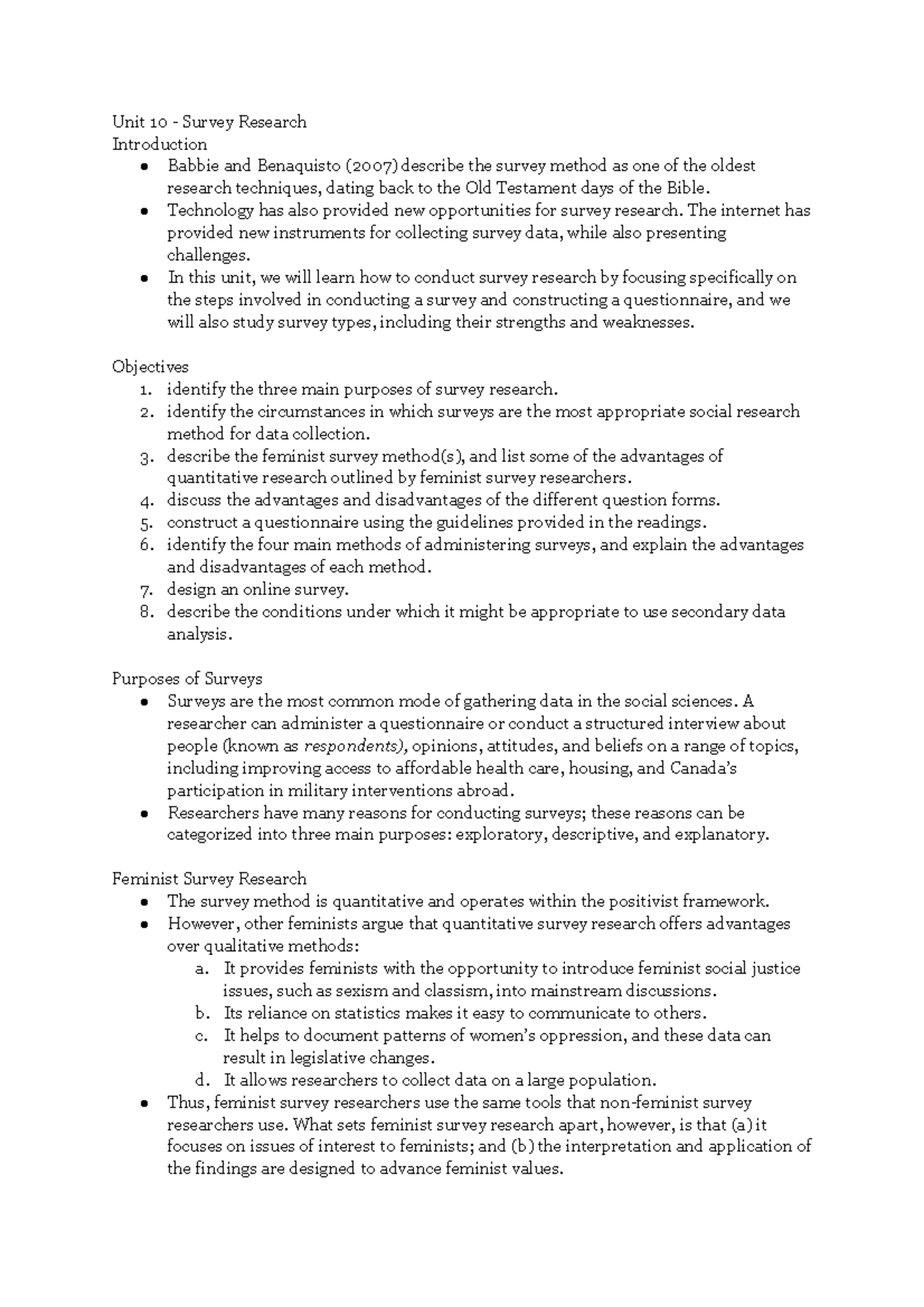 SOSC 366 - Unit 10 - SOSC 366 - Unit 10 - Unit 10 Survey Research ...