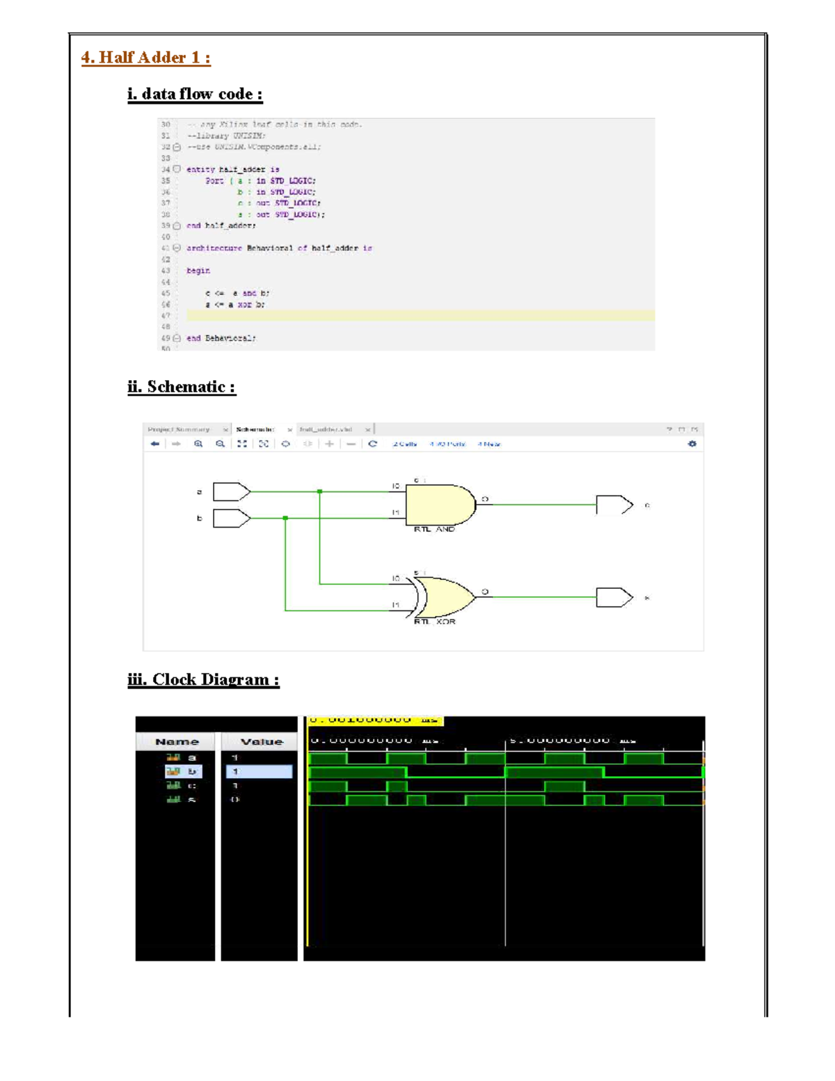 Lab for 3 rd sem - IT Workshop - Half Adder 1 : i. data flow code : ii. Schematic : 5 Adder 2: i ...