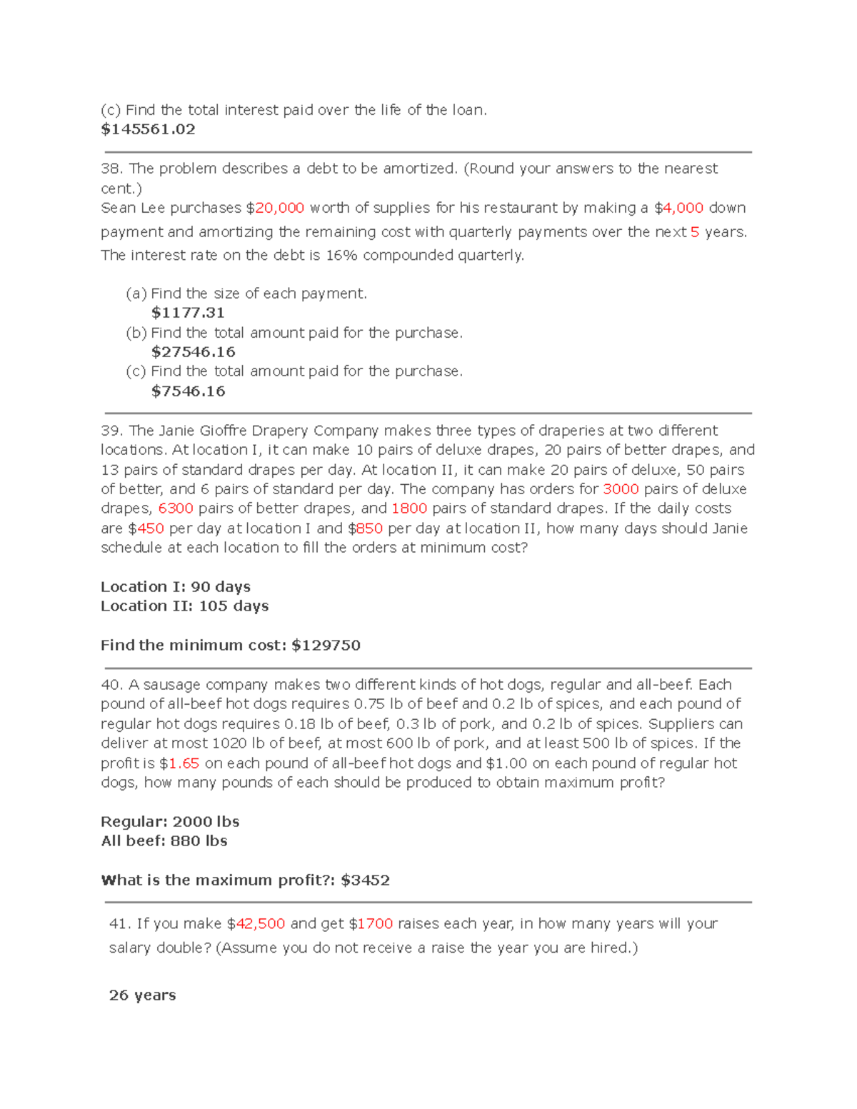 Math 1330 Final Review 10 - (c) Find the total interest paid over the ...