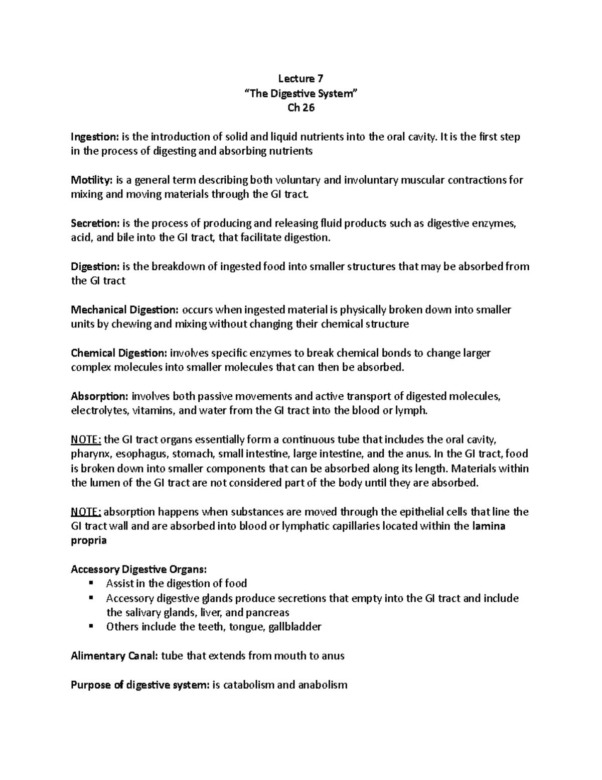 Lecture 7 notes - Dr. Josef Buttigieg - Lecture 7 “The Digestive System ...