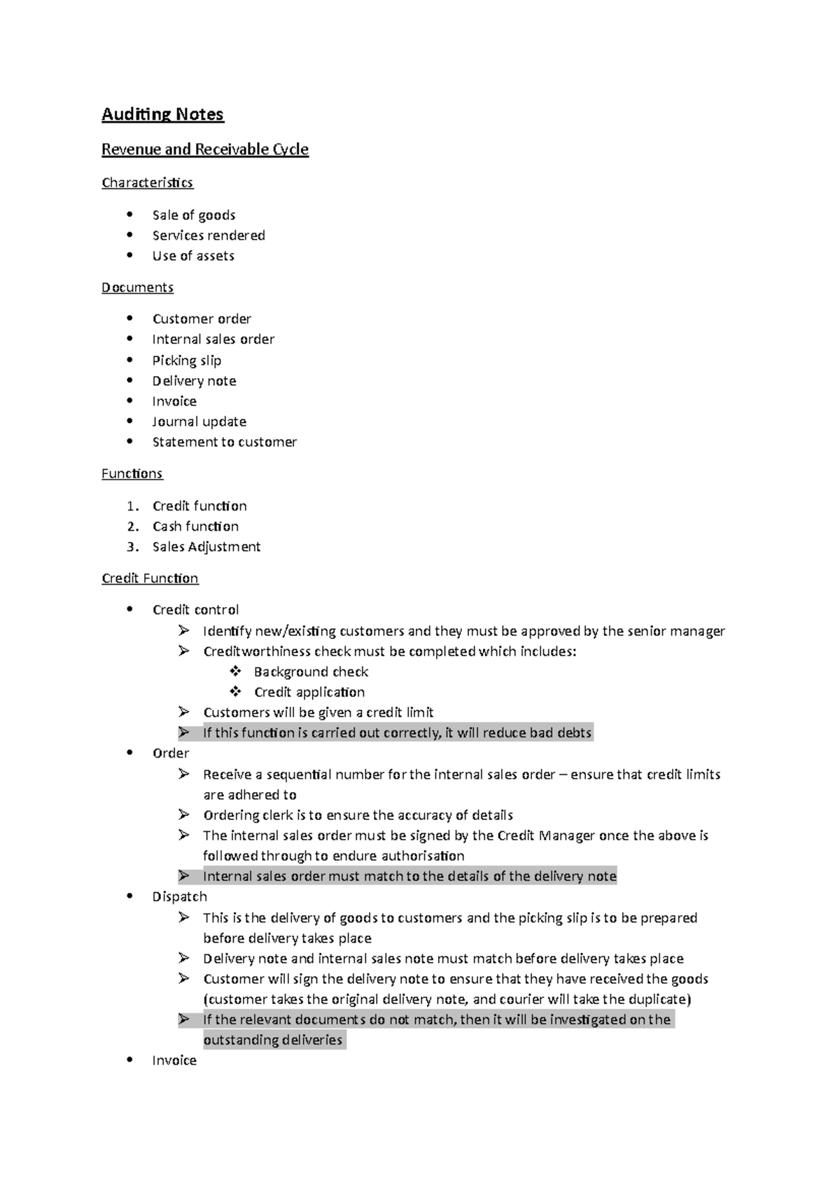 Auditing Notes - Revenue and Receivables cycle - Auditing Notes Revenue ...