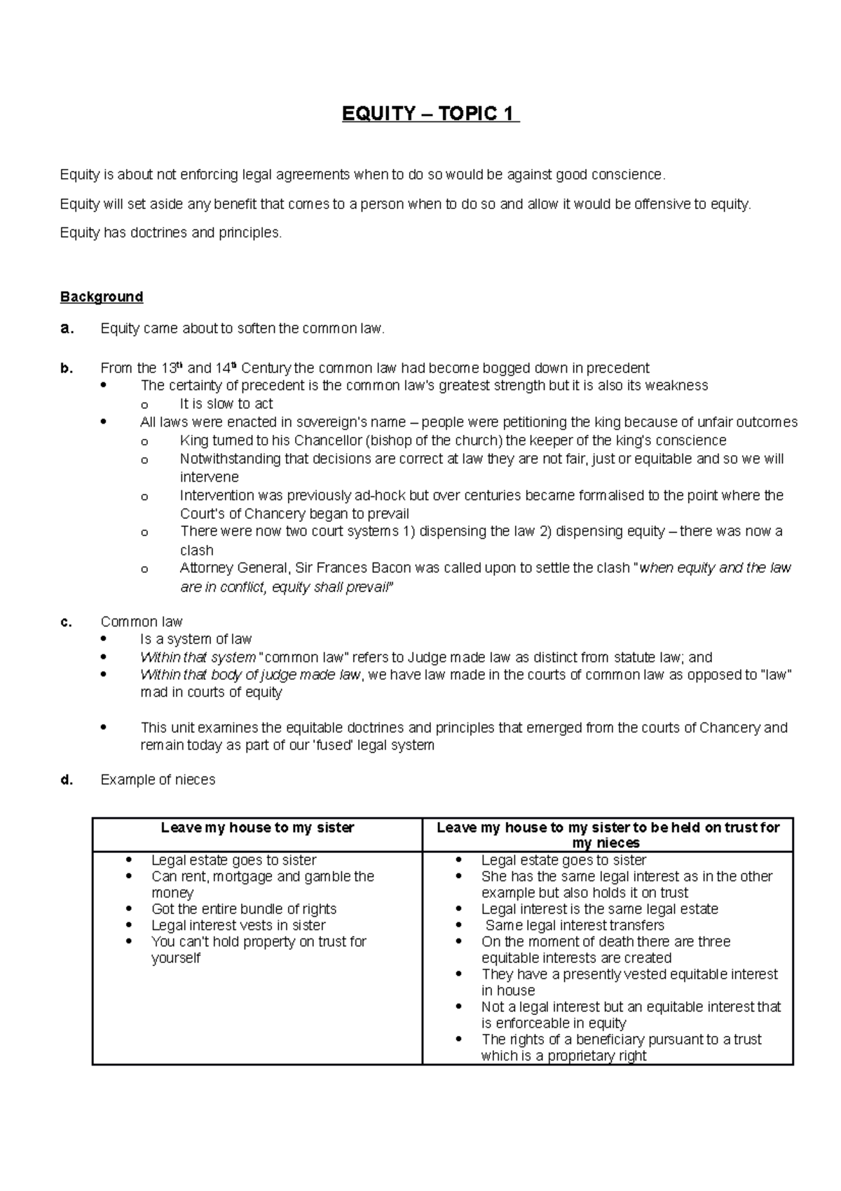 Topic 1 notes - EQUITY – TOPIC 1 Equity is about not enforcing legal ...