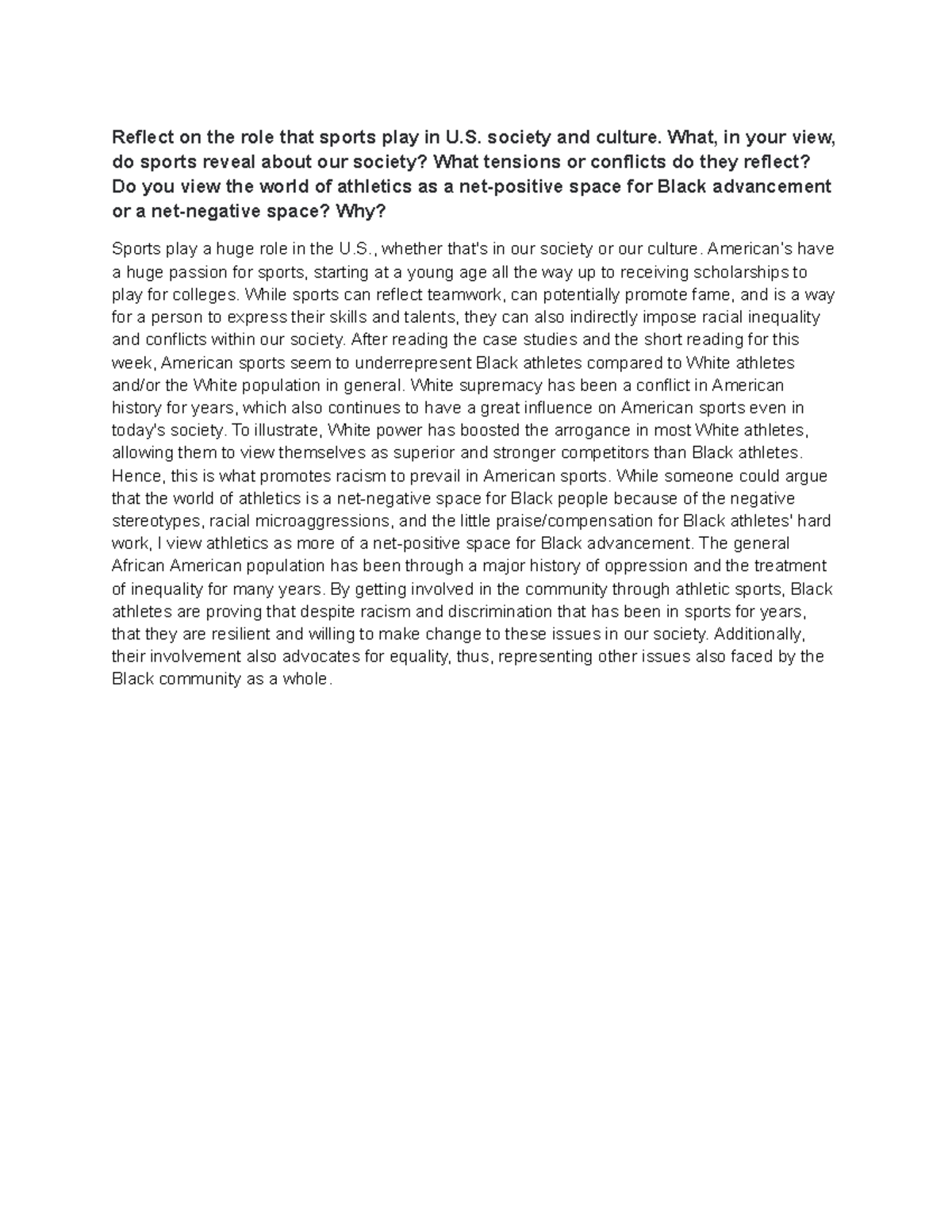 Reflection The Black Athlete - Reflect on the role that sports play in ...