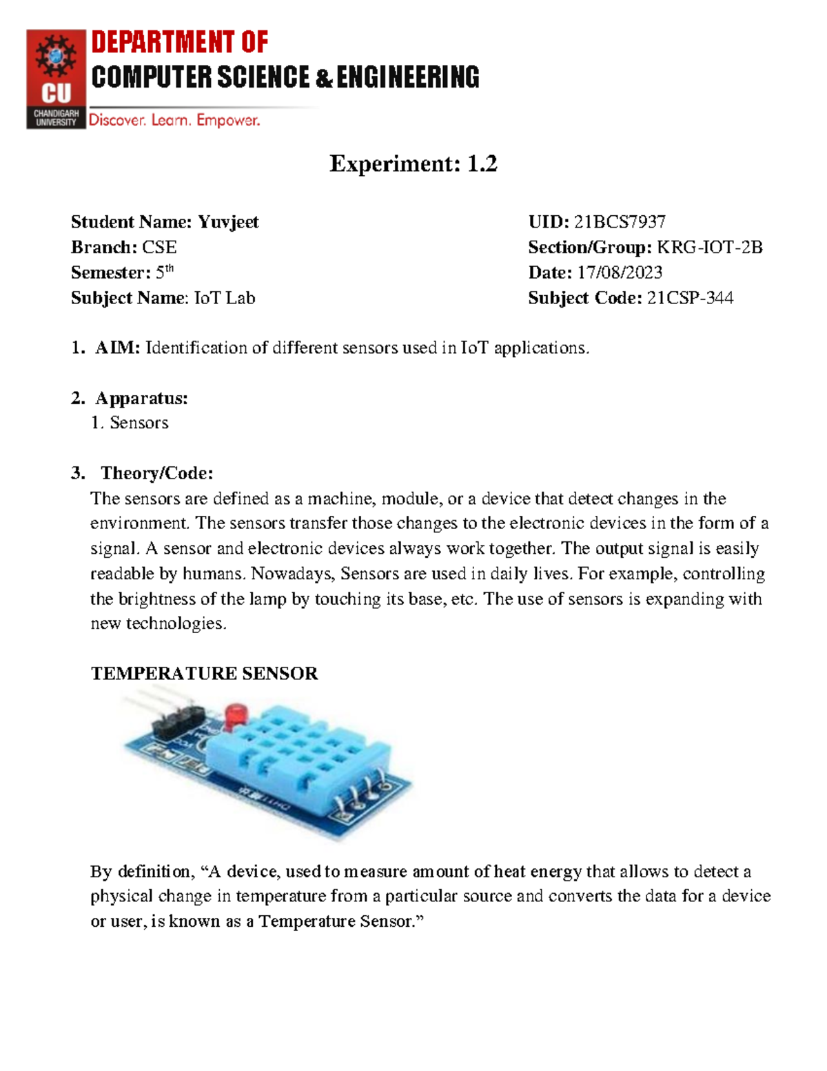 IOT 1 - practical Experiment 1.2 - COMPUTER SCIENCE & ENGINEERING Experiment: 1. 2 Student Name ...