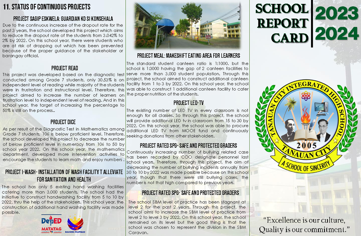 School report Card - 2023 2024 11. Status of continuous projects Due to ...