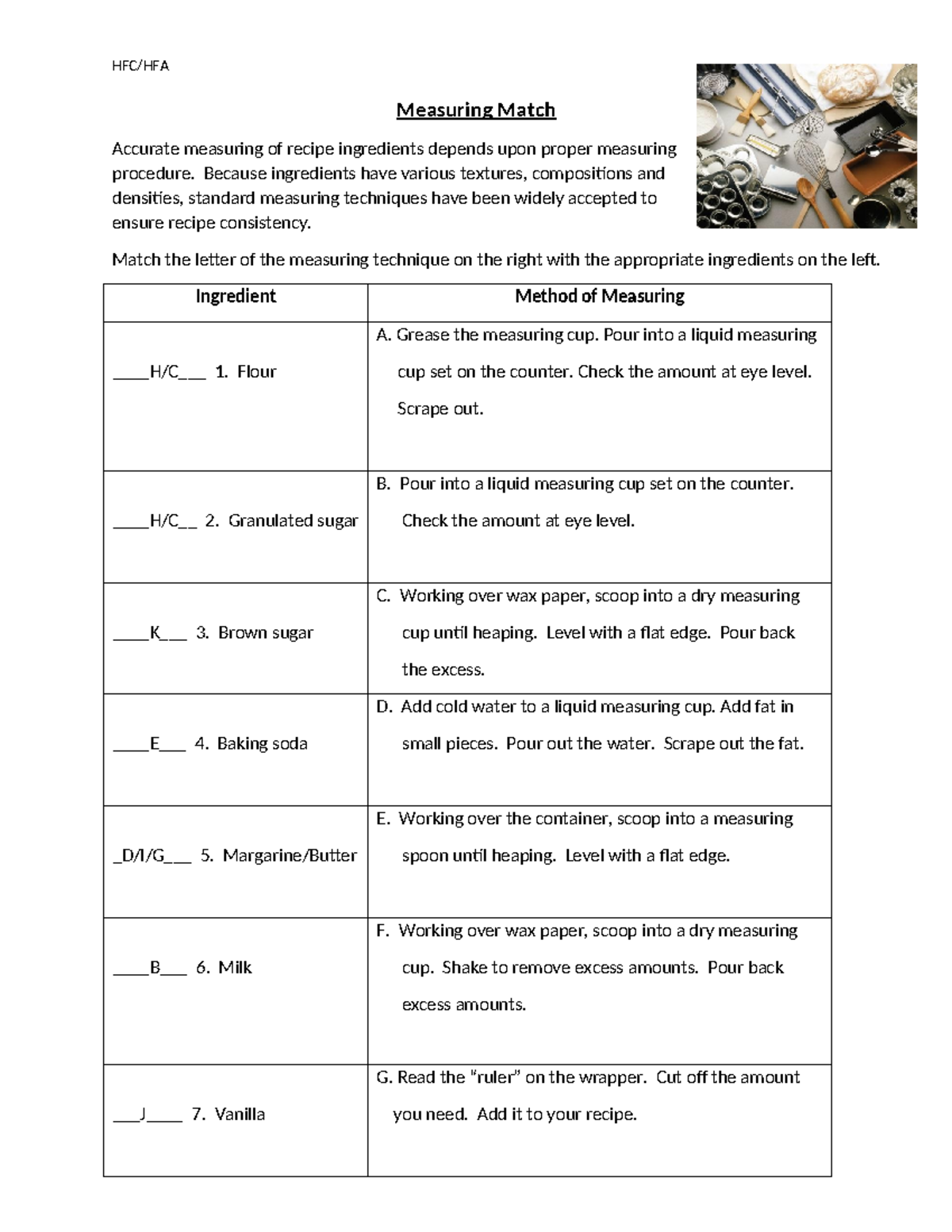 Measuring Match Answers - HFC/HFA Measuring Match Accurate measuring of ...