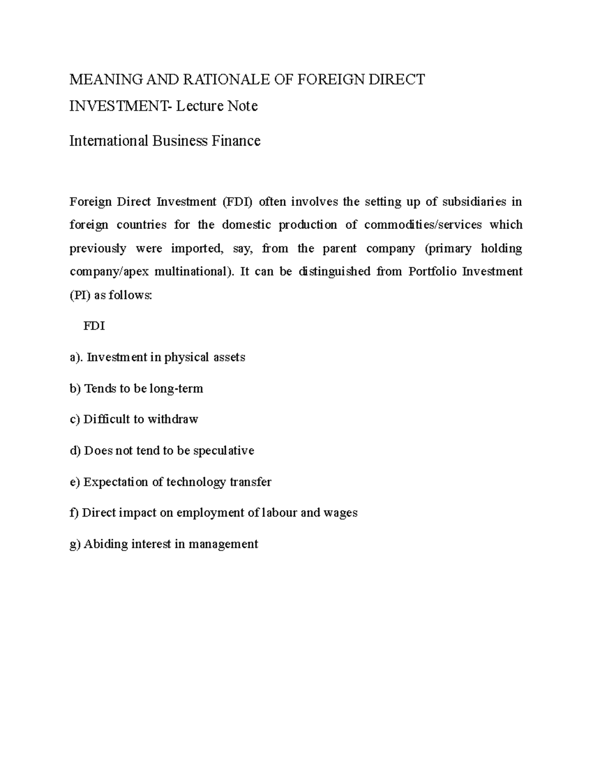 Meaning AND Rationale OF Foreign Direct Investment - MEANING AND ...