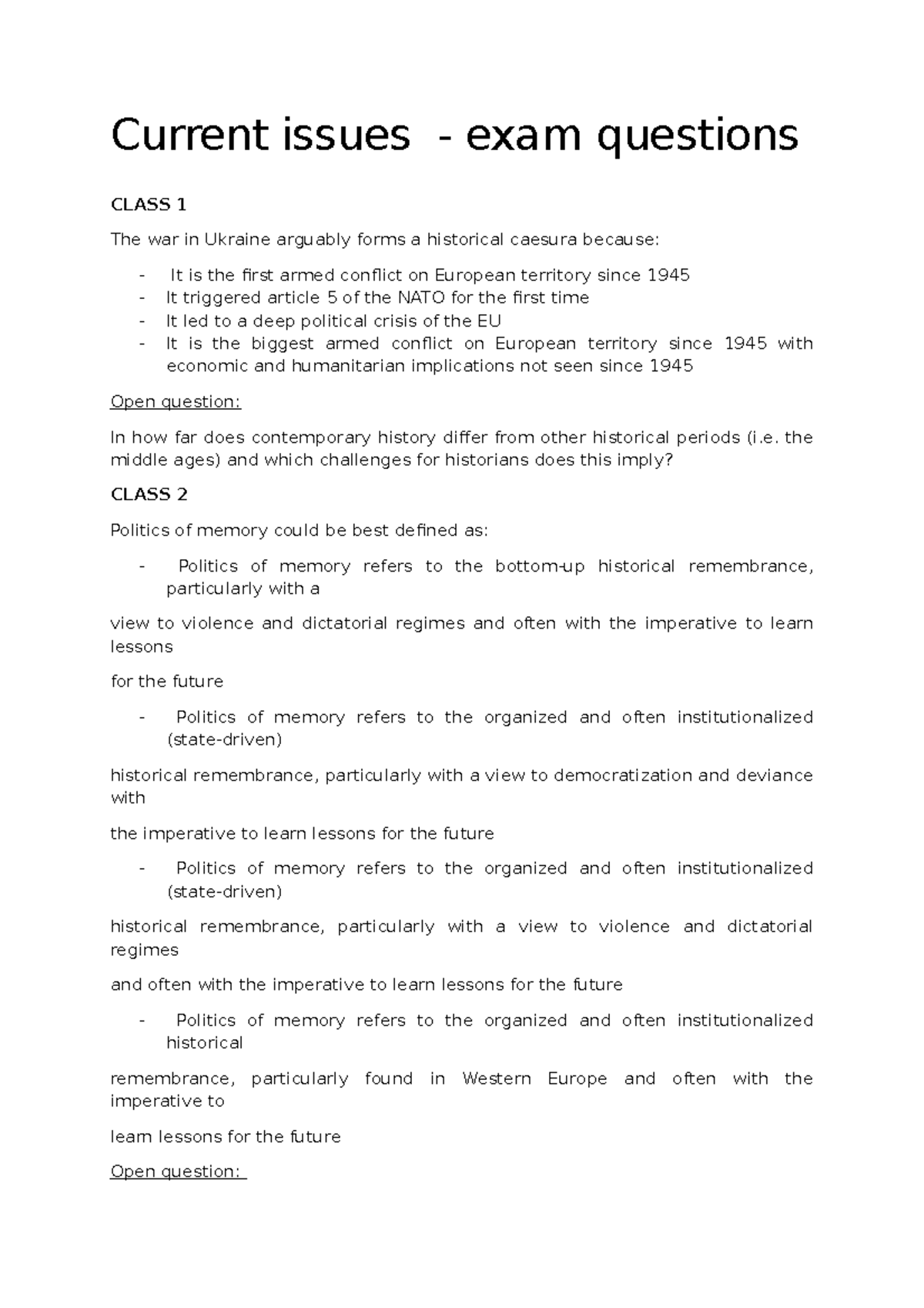 Current issues exam questions - Current issues - exam questions CLASS 1 ...