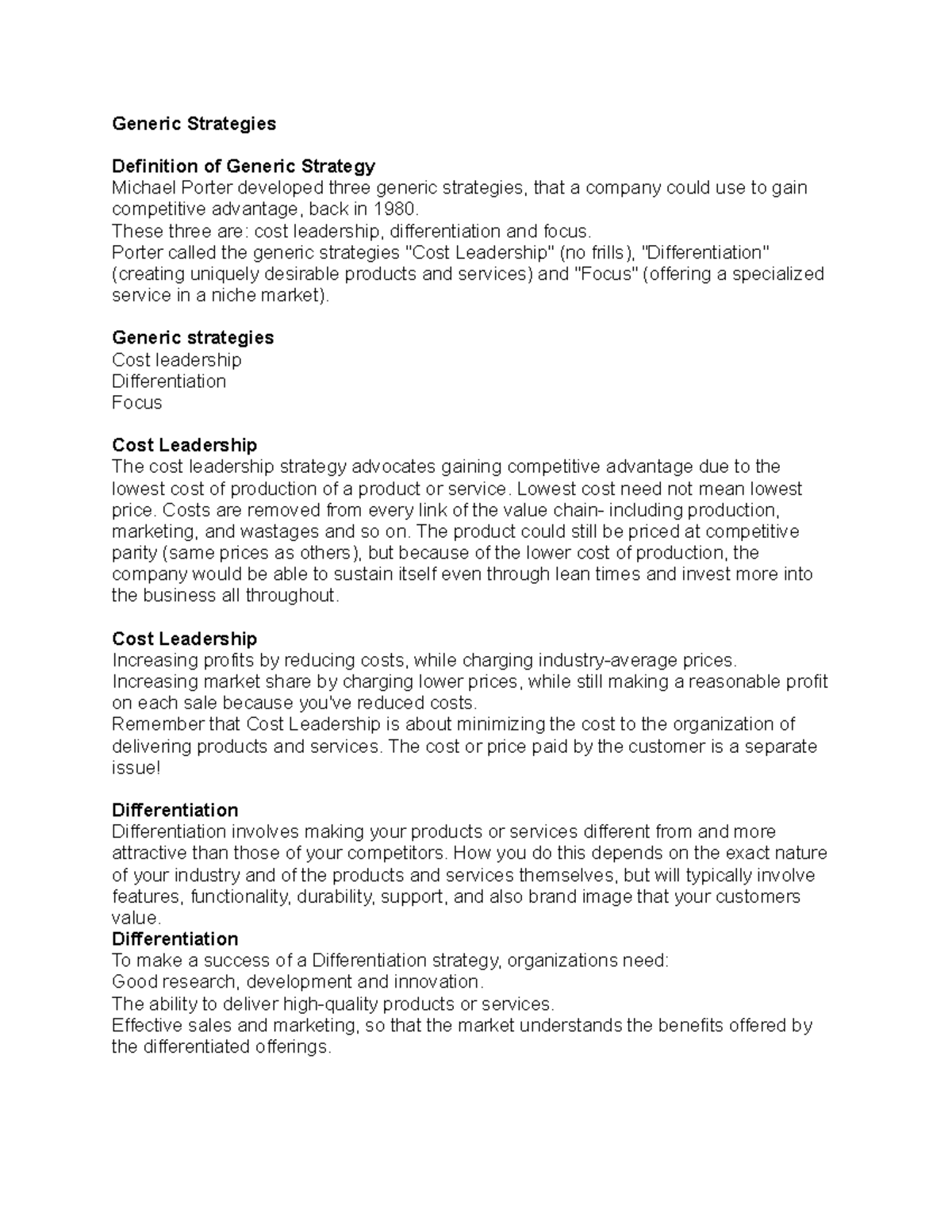 Generic Strategies - Generic Strategies Definition of Generic Strategy ...