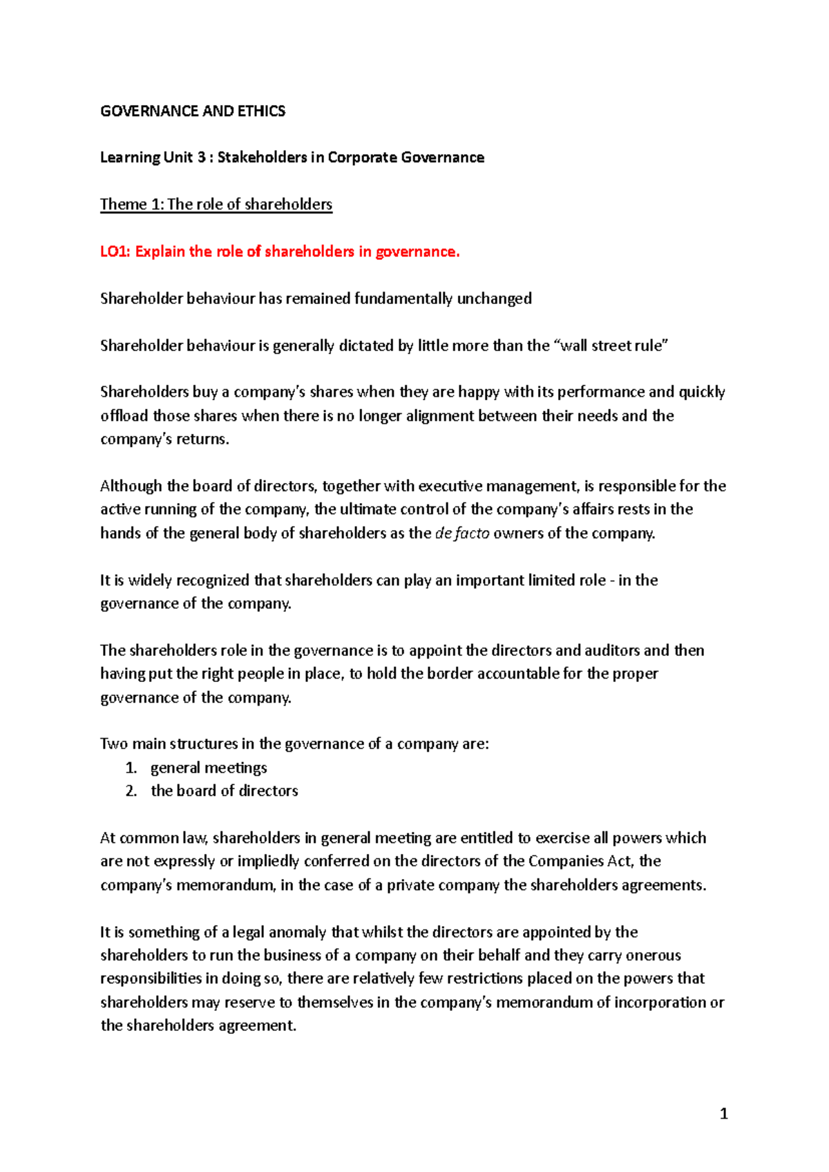 Learning Unit 3 - Stakeholders in Corporate Governance - GOVERNANCE AND ...