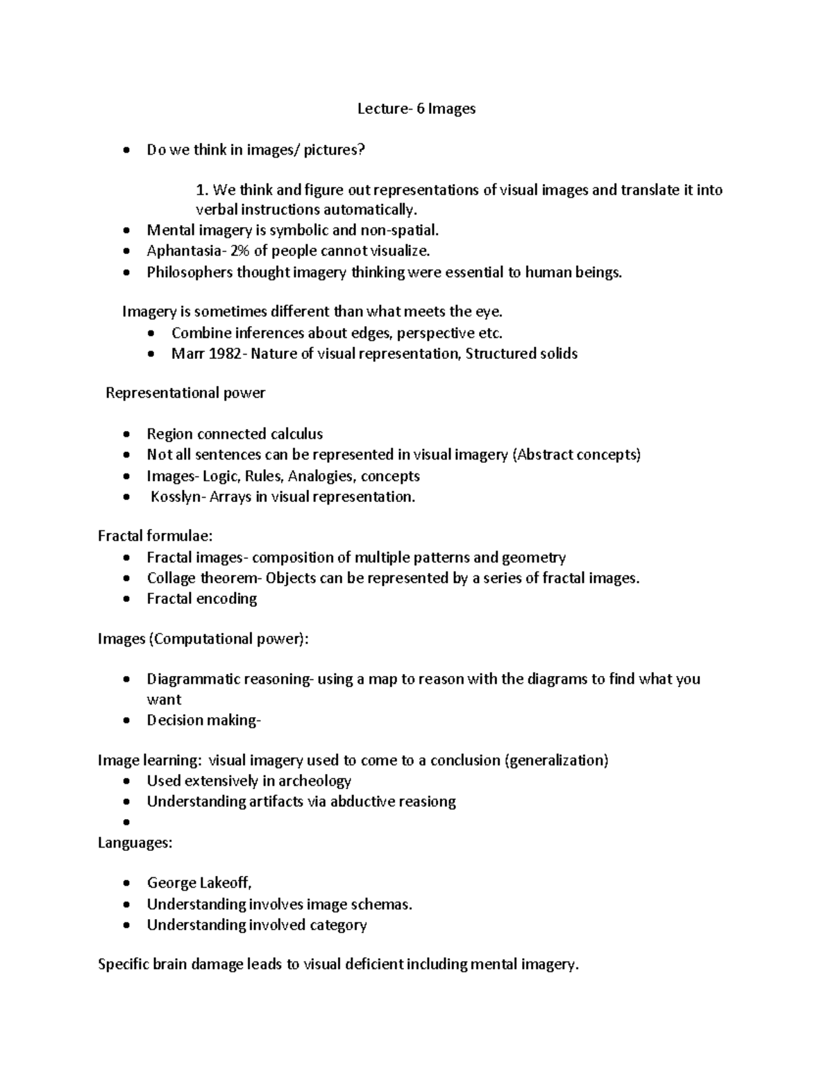 Lecture 6 - Professor Keith intro to cog science - Lecture- 6 Images Do we think in images ...