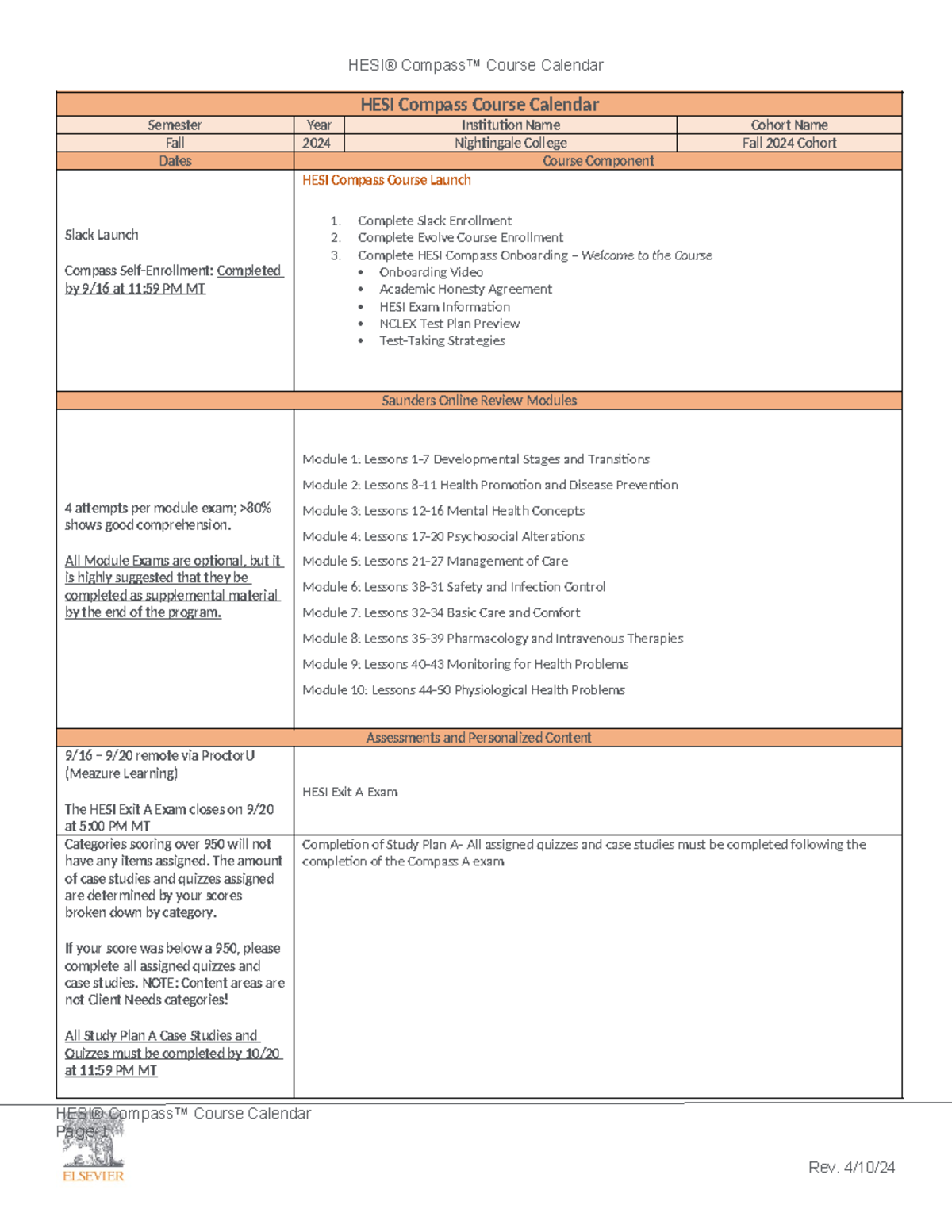 HESI Compass Course Calendar - HESI® Compass™ Course Calendar HESI ...