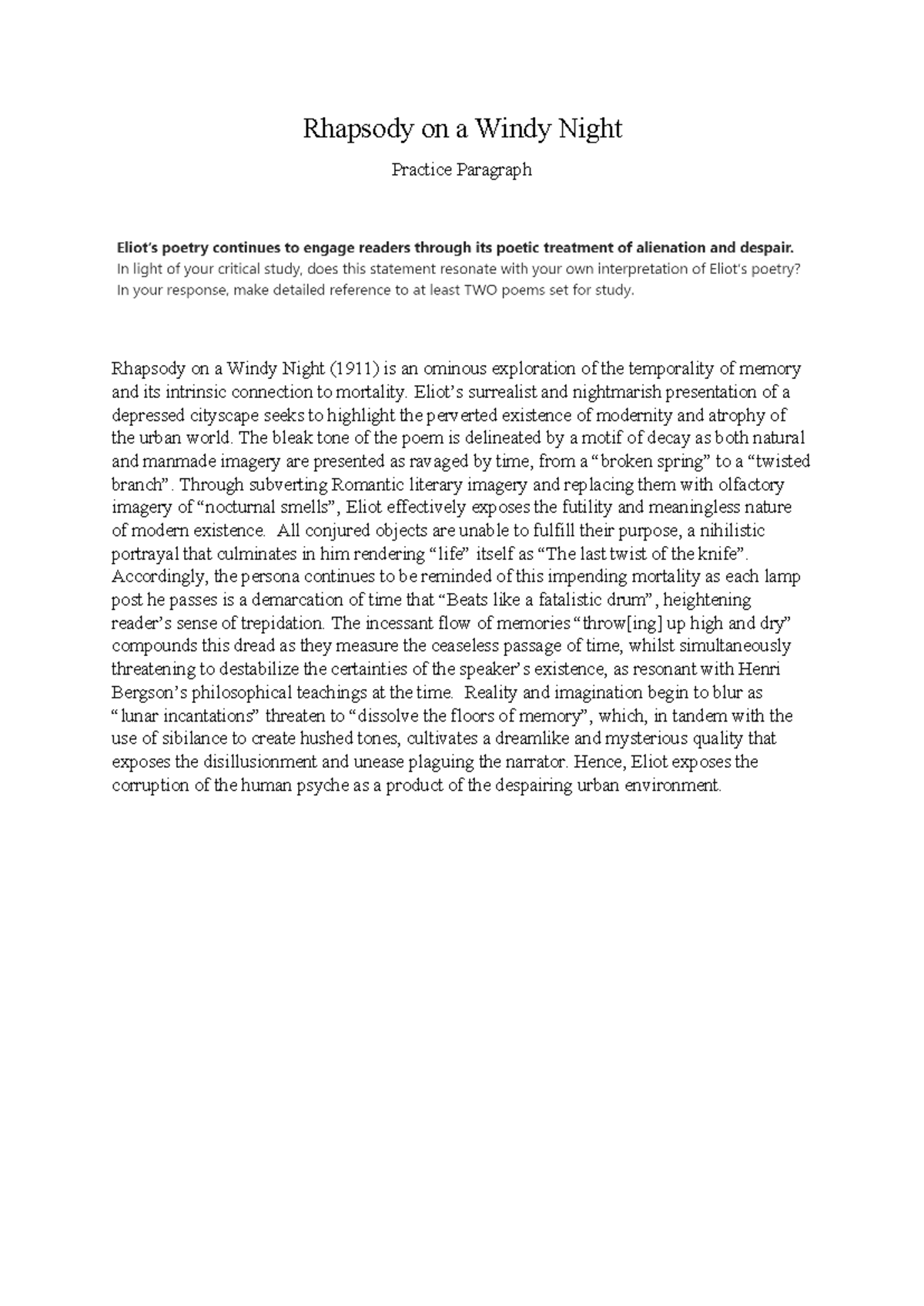 Rhapsody on a Windy Night Practice Paragraph - Rhapsody on a Windy ...
