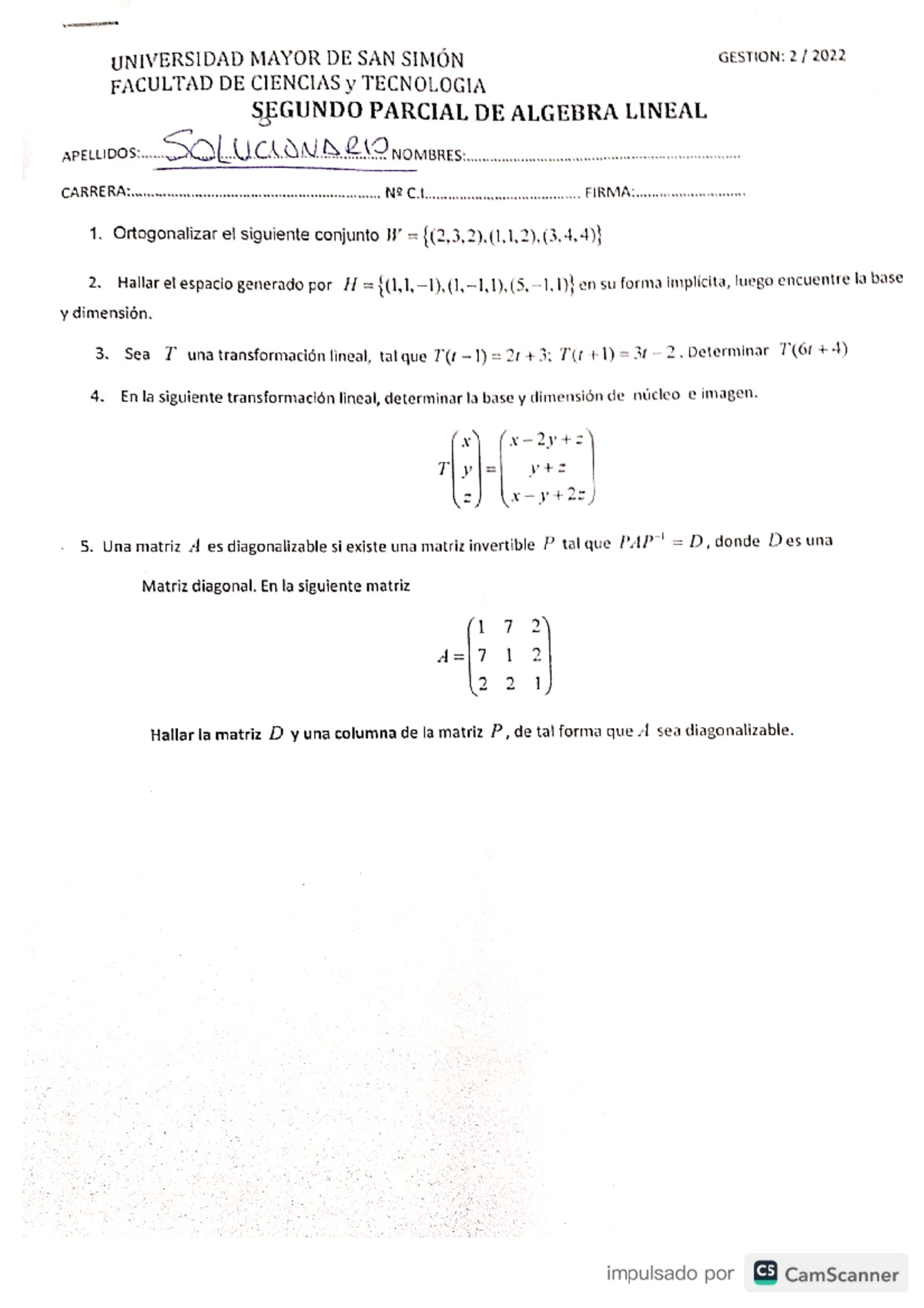 2022 2 Segundo parcial - solucionario - Algebra II - Studocu
