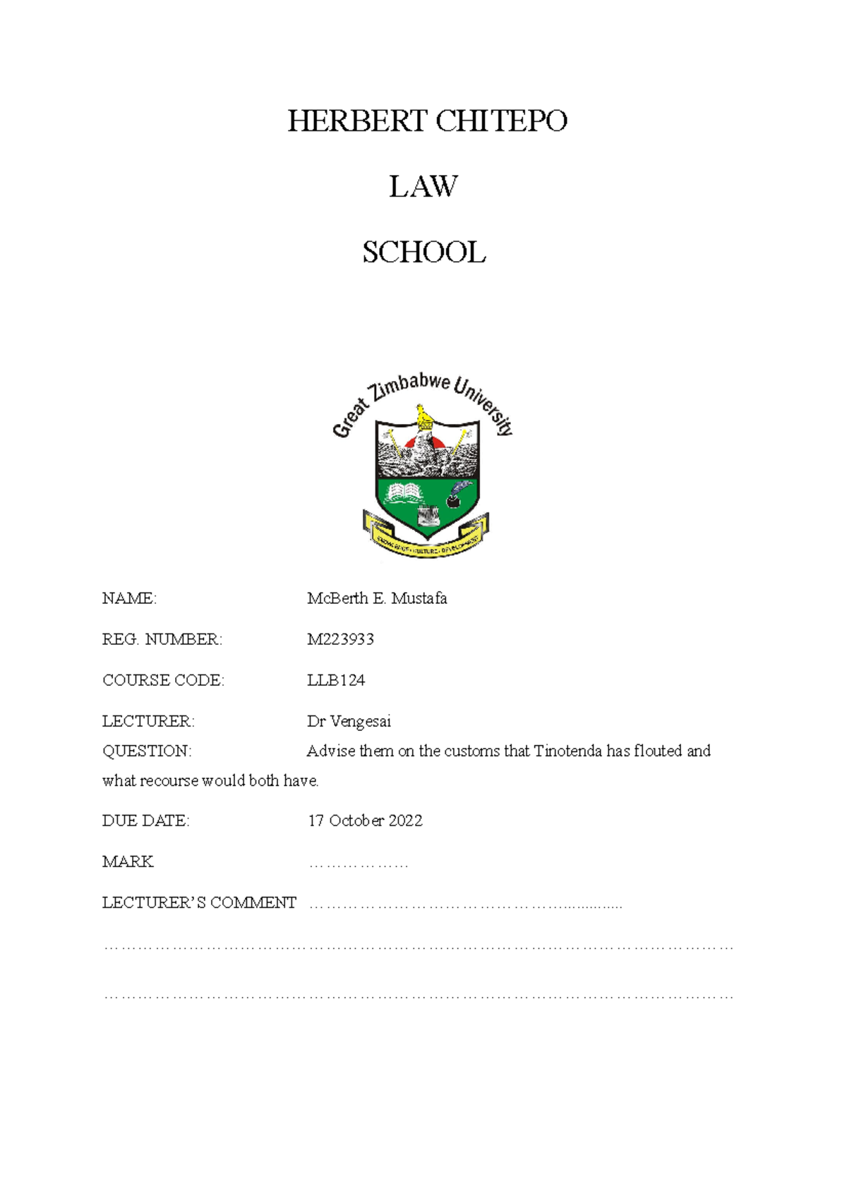 M223933 CL - aspects of Zimbabwean customary law - HERBERT CHITEPO LAW ...