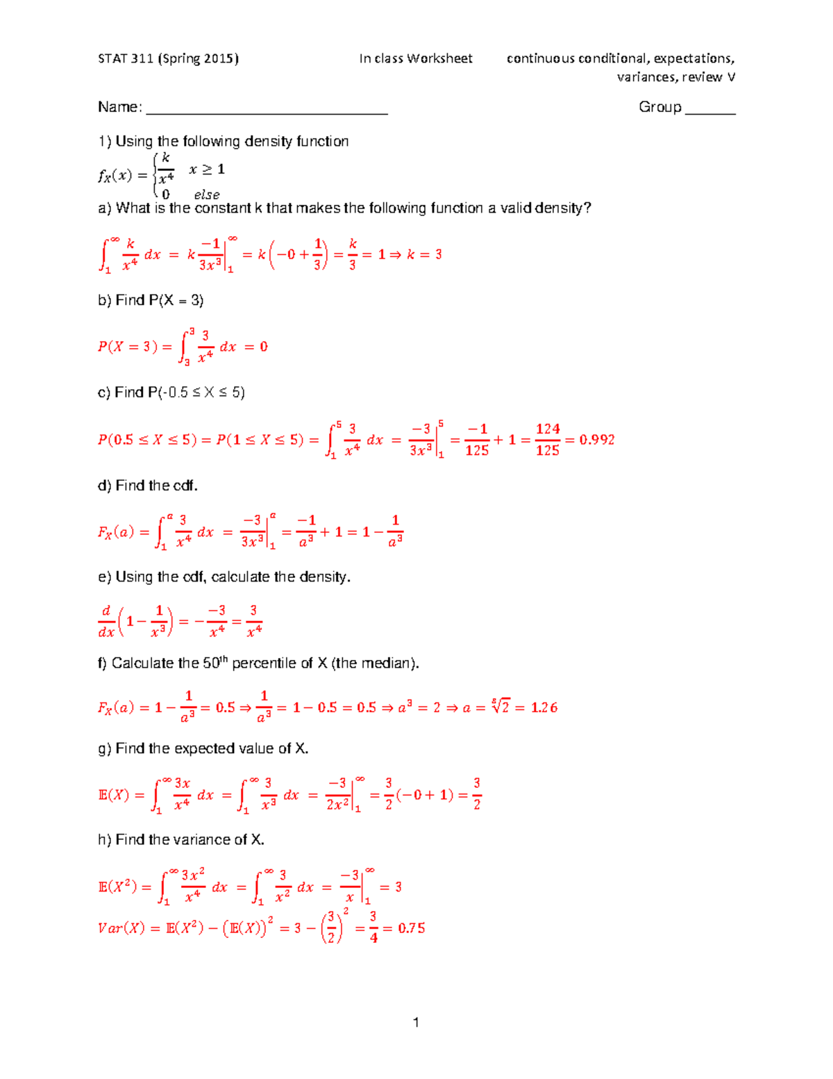 Worksheet review continuous conditional, expectations - STAT 311 ...