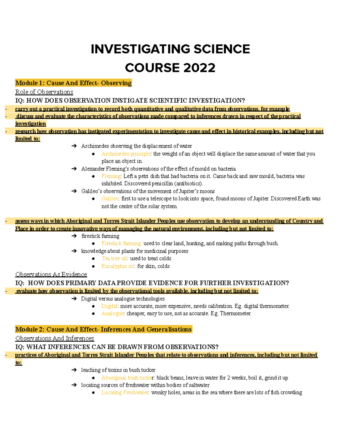Investigating Science Notes - INVESTIGATING SCIENCE COURSE 2022 Module ...