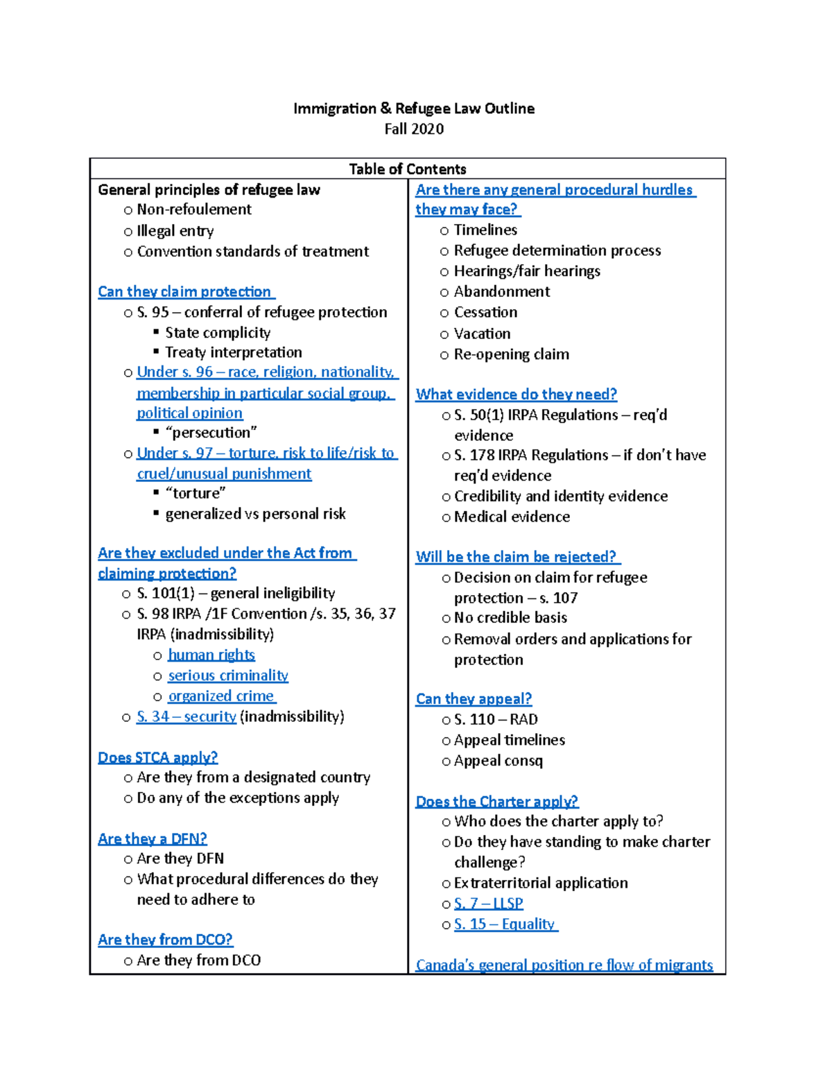 Immigration law - Fall 2020 - Prof River - Immigration & Refugee Law ...