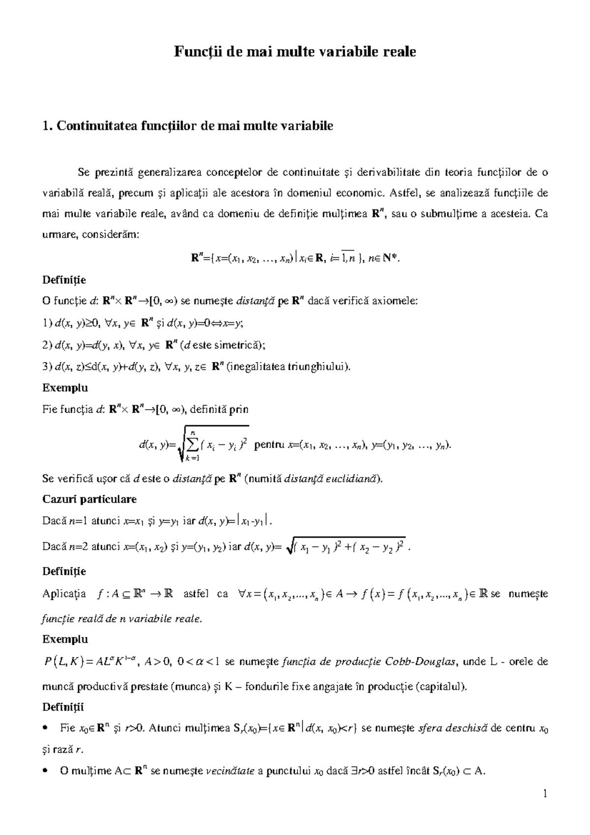 Curs 2 - Microeconomie - Func ii de mai multe variabile reale 1. Continuitatea func iilor de mai ...