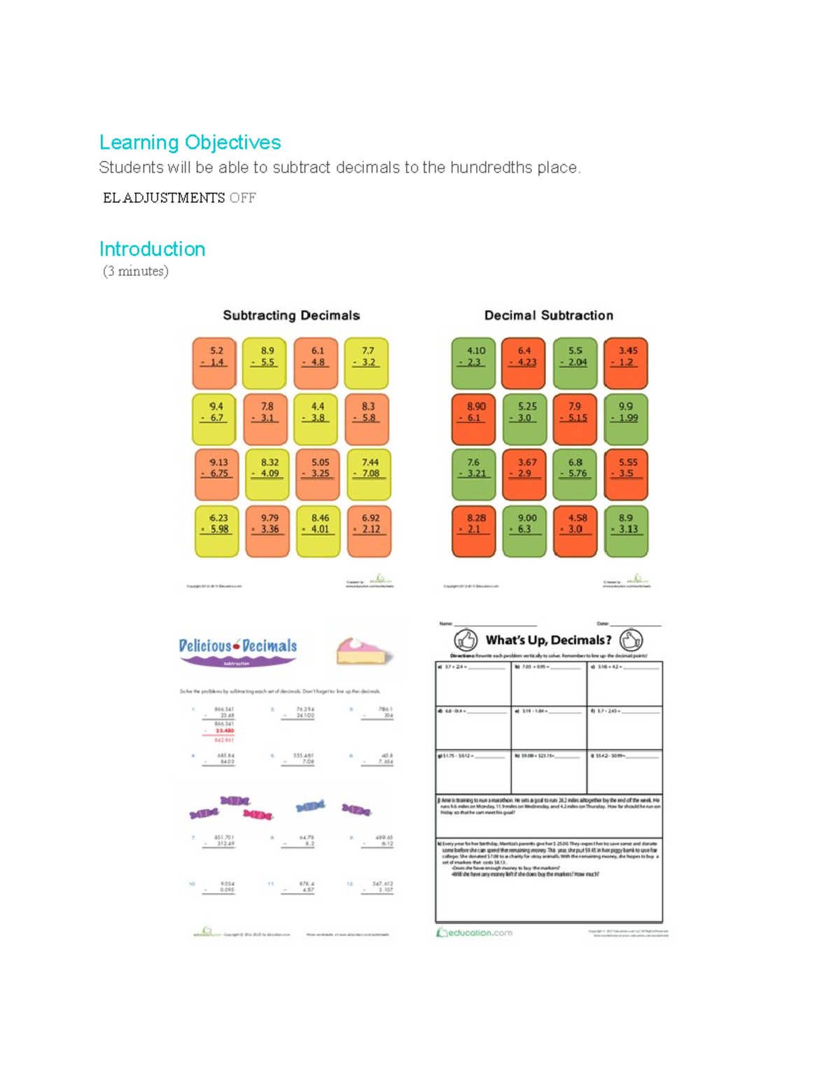 Lesson Plan Subtracting Decimals - Learning Objectives Students will be ...