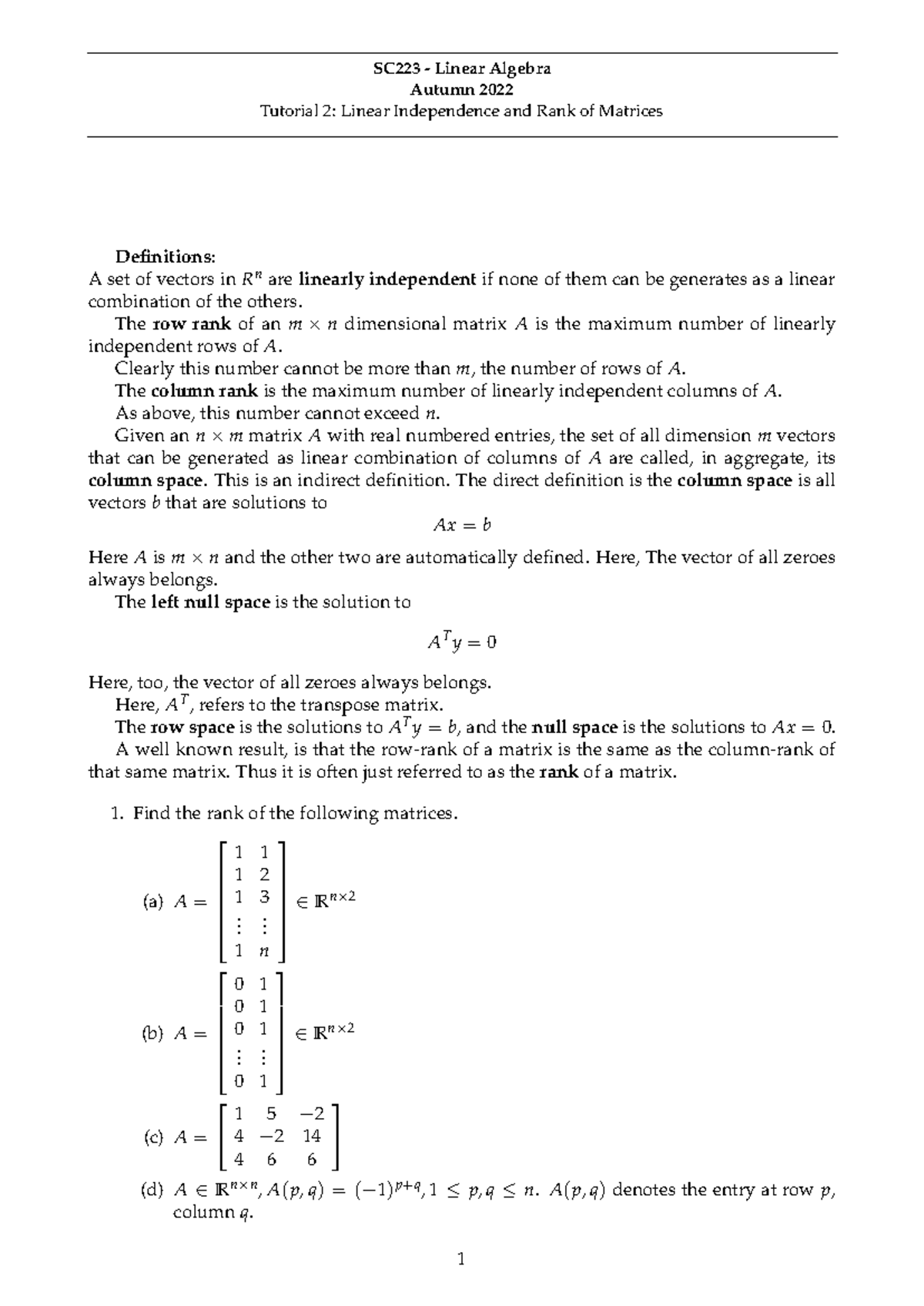Tutorial 2 - LA - Problems - SC223 - Linear Algebra Autumn 2022 ...