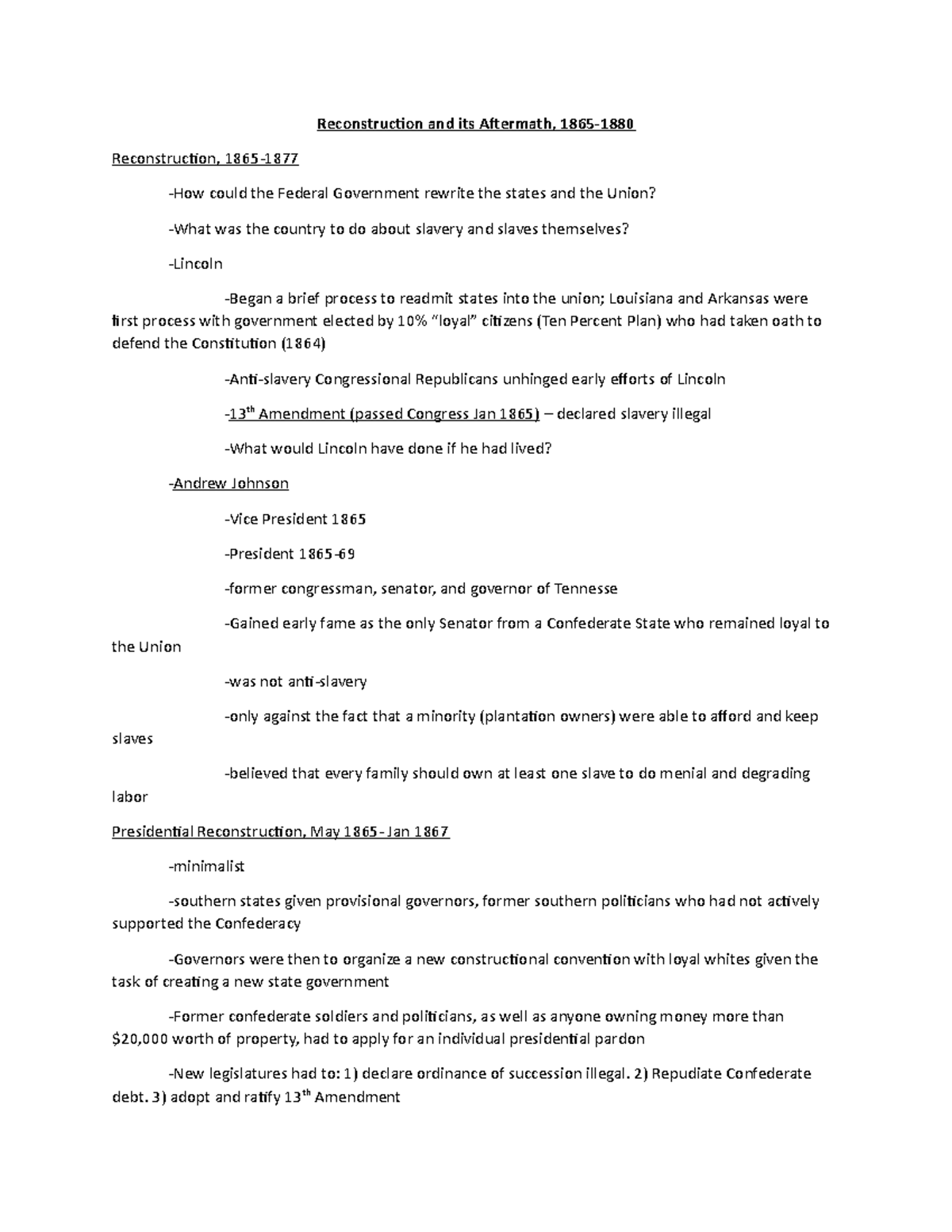 Civ 1 Reconstruction and its Aftermath Notes - Reconstruction and its ...